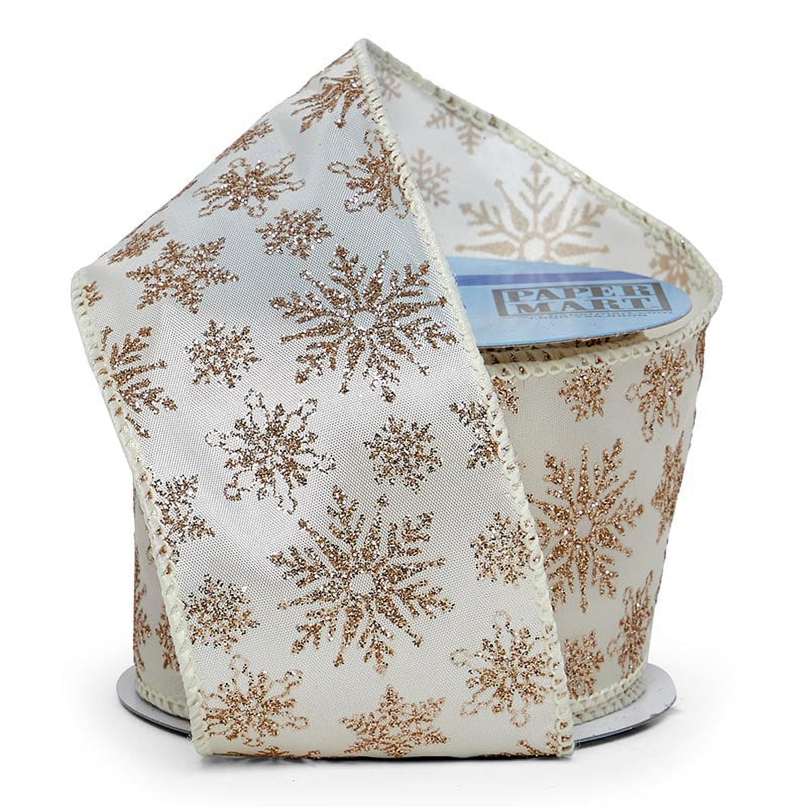2 1/2" X 10 Yards Snowflakes On Wired Ribbon,Glitter Snowflakes Ivory ...