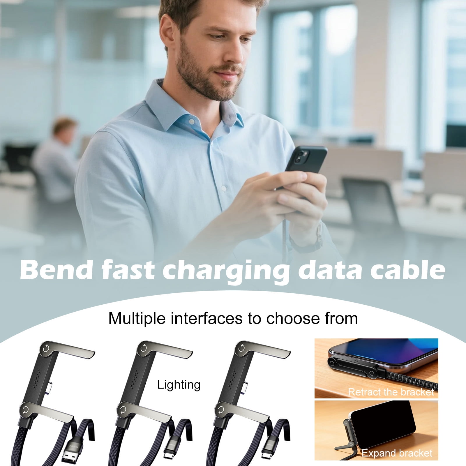 2 in 1 240W Fast Charging Cable with Built-in Holde, 1.5m Typec to ...