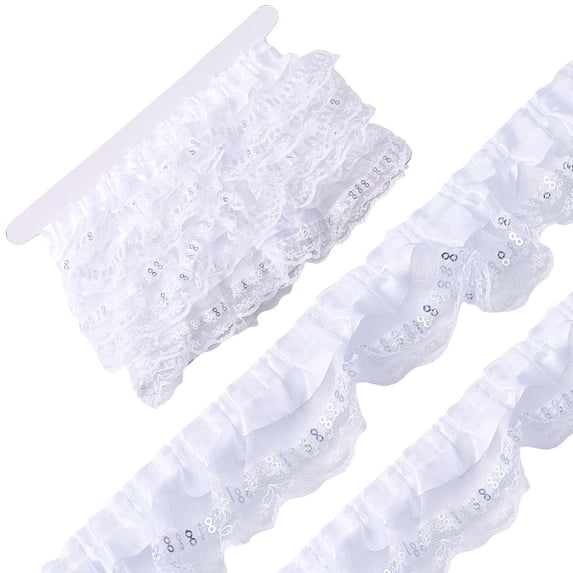 2 1/8 Inch Wide White Ruffle Pleated Lace Trim Sequin Bead 2 Layer ...
