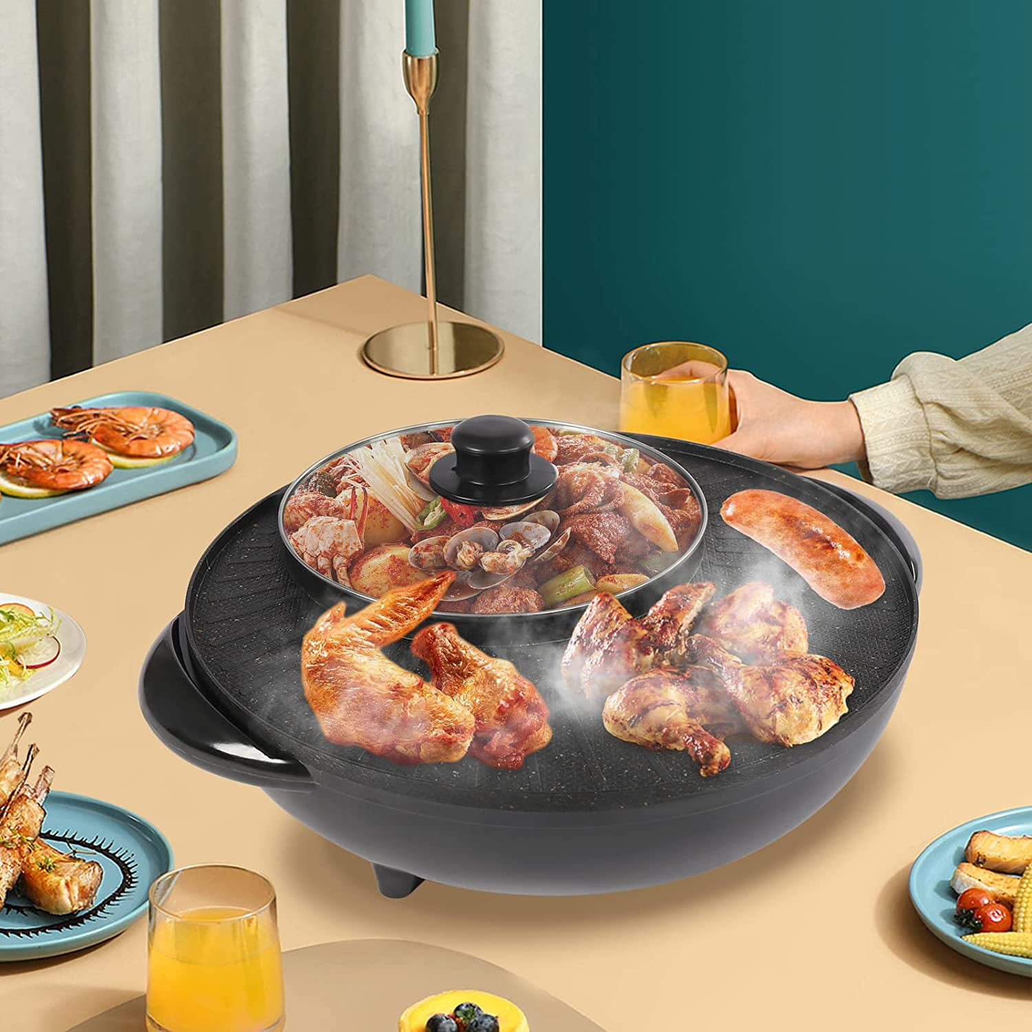 2 in 1 Barbecue Hot Pot, Electric Hot Pot with Divider, Indoor Circular ...