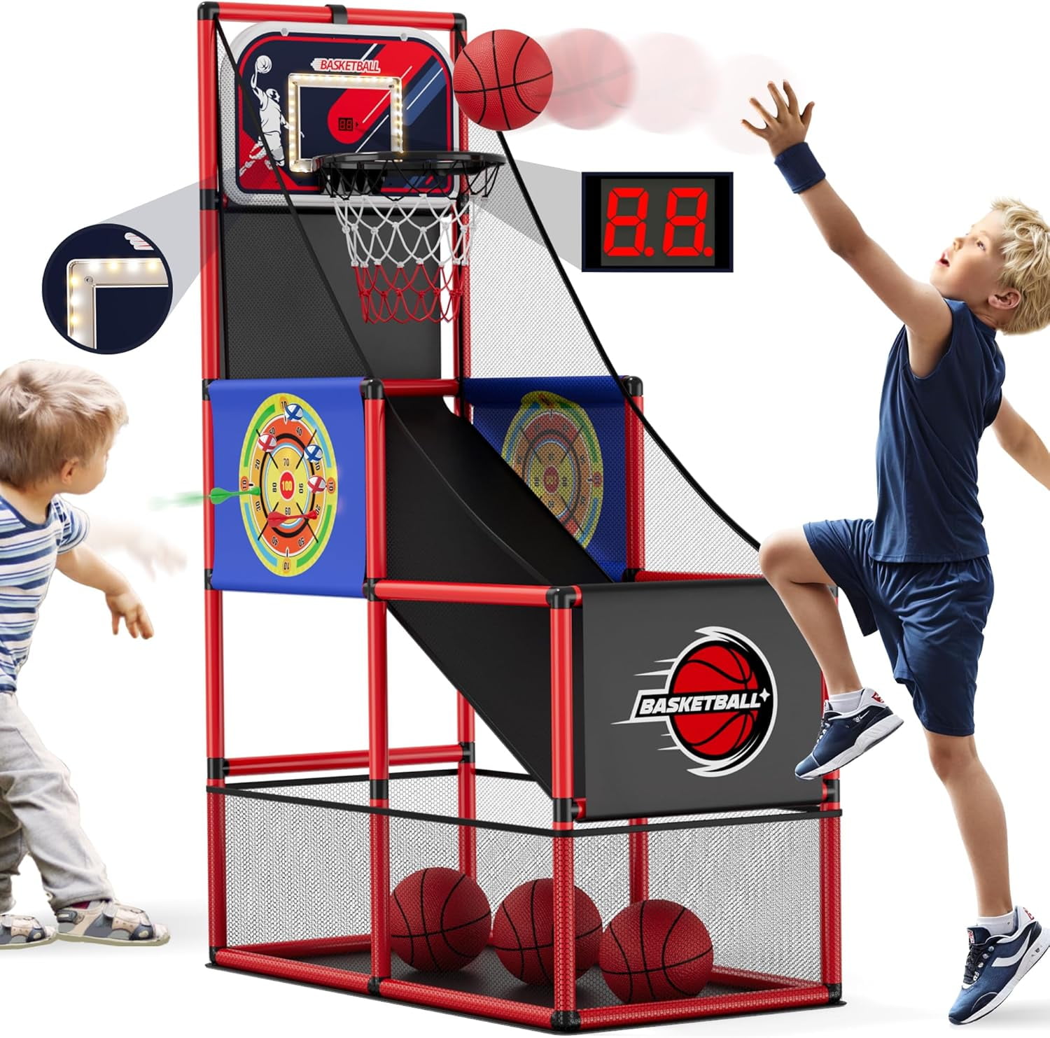 2 in 1 Basketball Arcade Game with 2 Dart Boards/Electronic Scoreboard ...