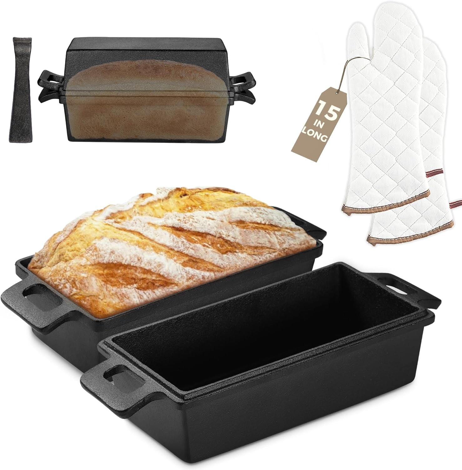 2 in 1 Cast Iron Bread Pan with Lid, Lid Lever, Long Oven Mitts, 9x5 Loaf Pans for Homemade ...