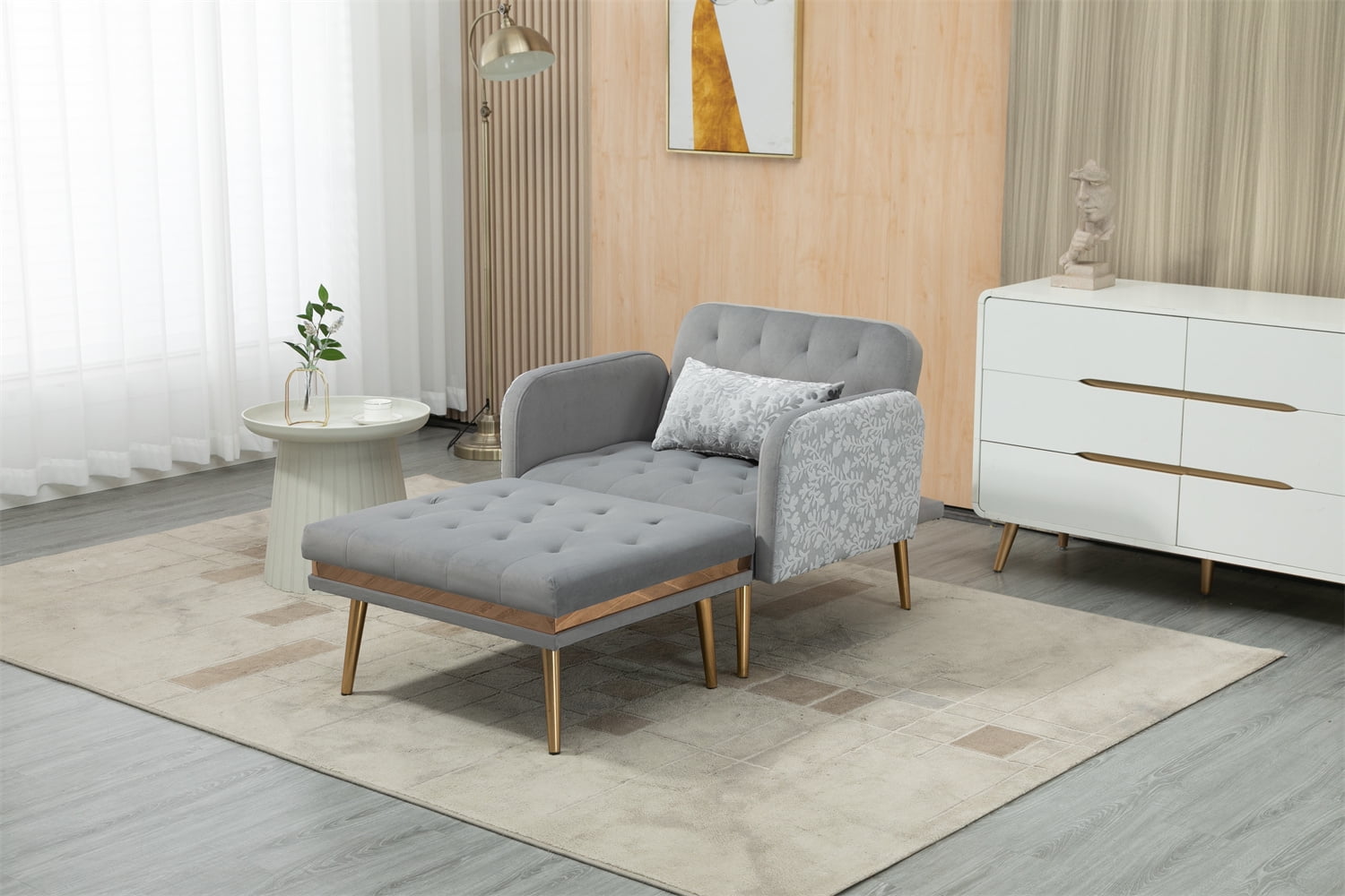 2 in 1 Chaise Lounge with Ottoman, Velvet Upholstered Recliner Chair ...