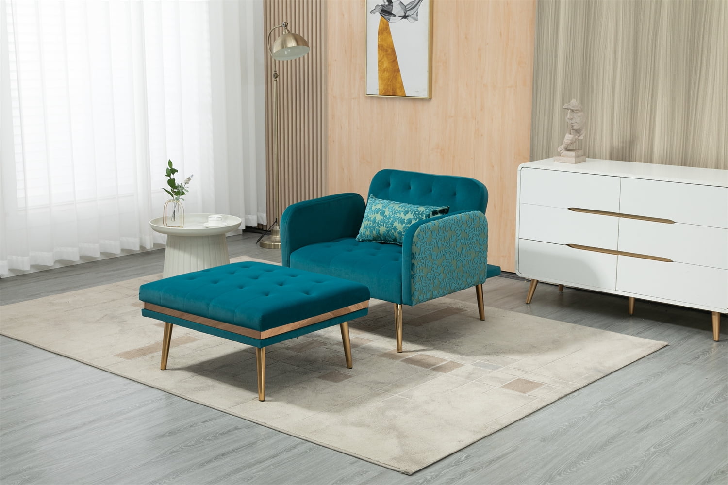 2 in 1 Chaise Lounge with Ottoman, Velvet Upholstered Recliner Chair ...
