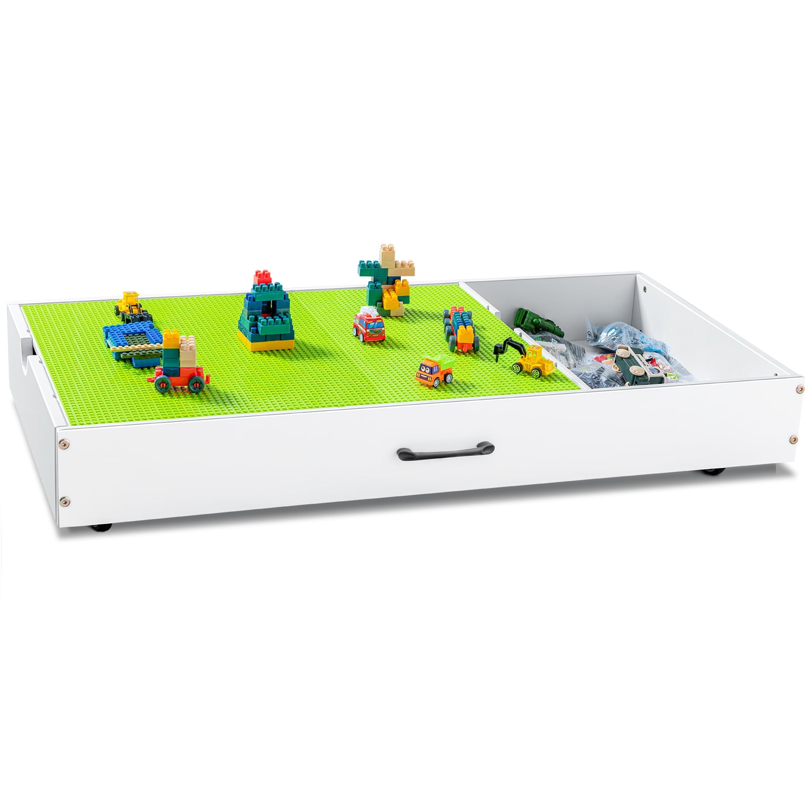 2 in 1 Construction Play Table Compatible with Lego, Game Table with Block Board and Train Car ...