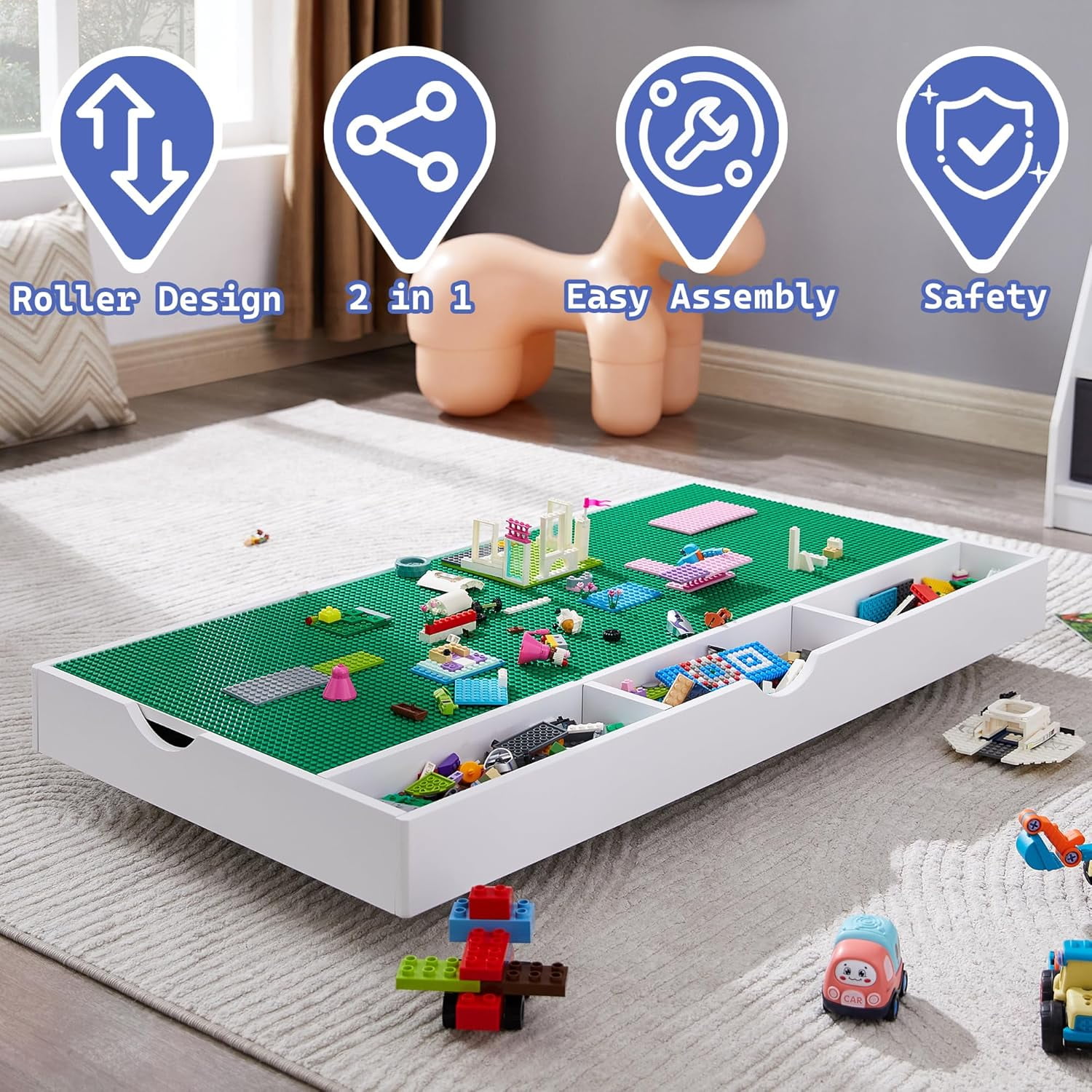 2 in 1 Construction Play Table Compatible with Lego, Game Table with ...