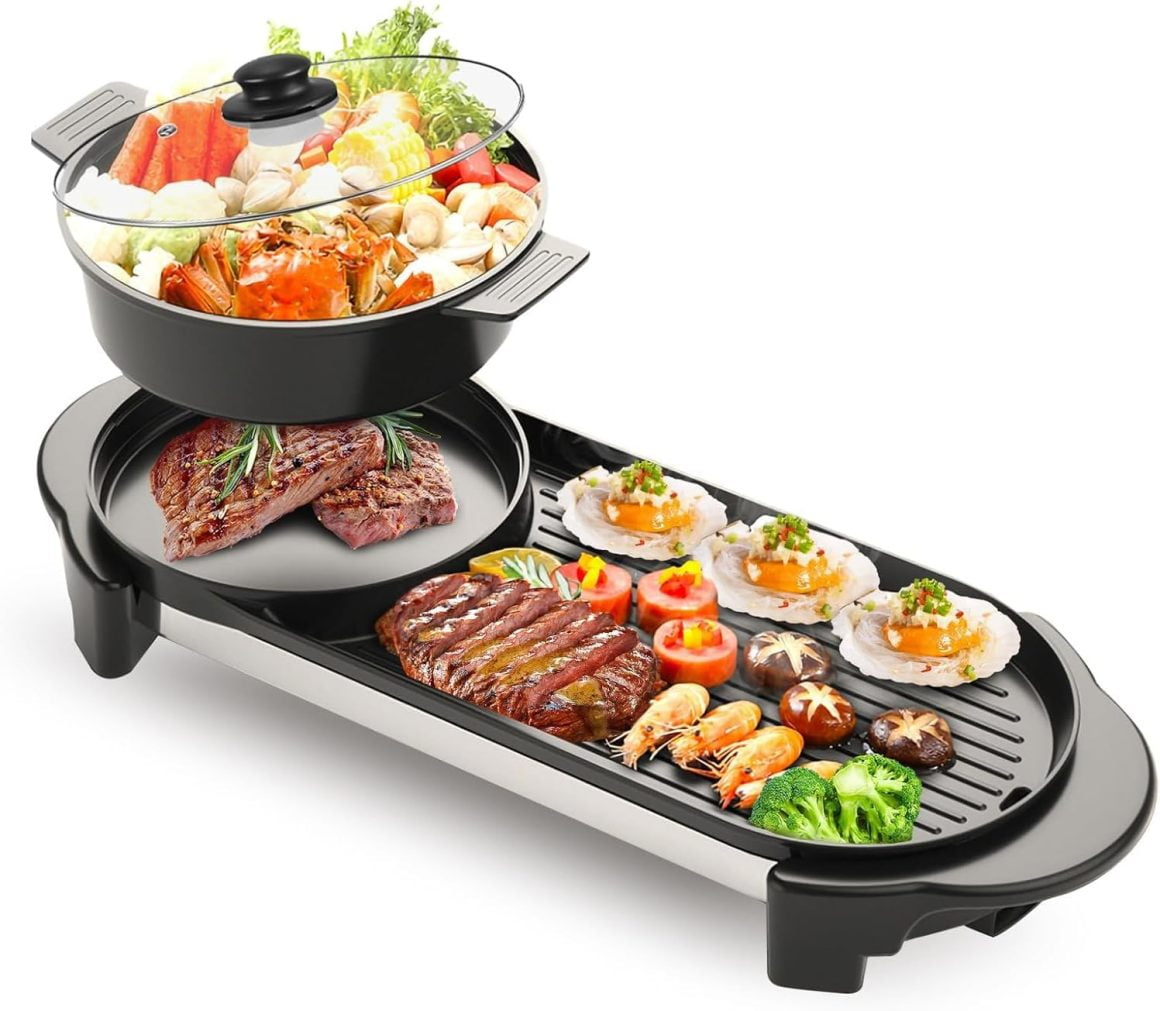 2 in 1 Electric Smokeless Hot Pot with Grill, 2200W Removable Hotpot Pot, Korean BBQ and Shabu ...
