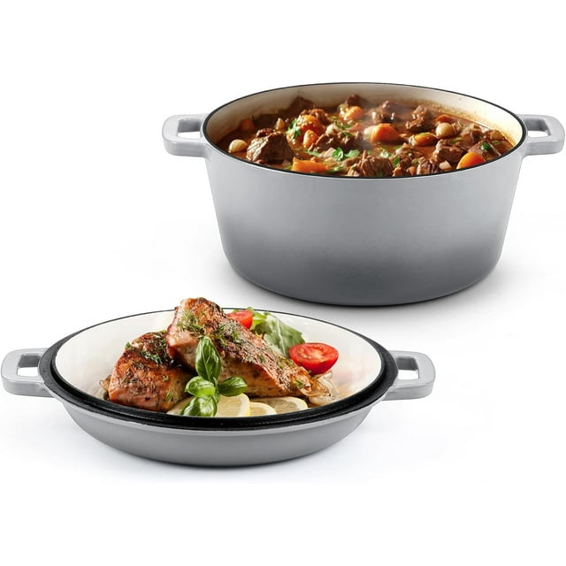 2 in 1 Enameled Cast Iron Dutch Oven, 5 QT Pot & 2 Quart Skillet Lid ...