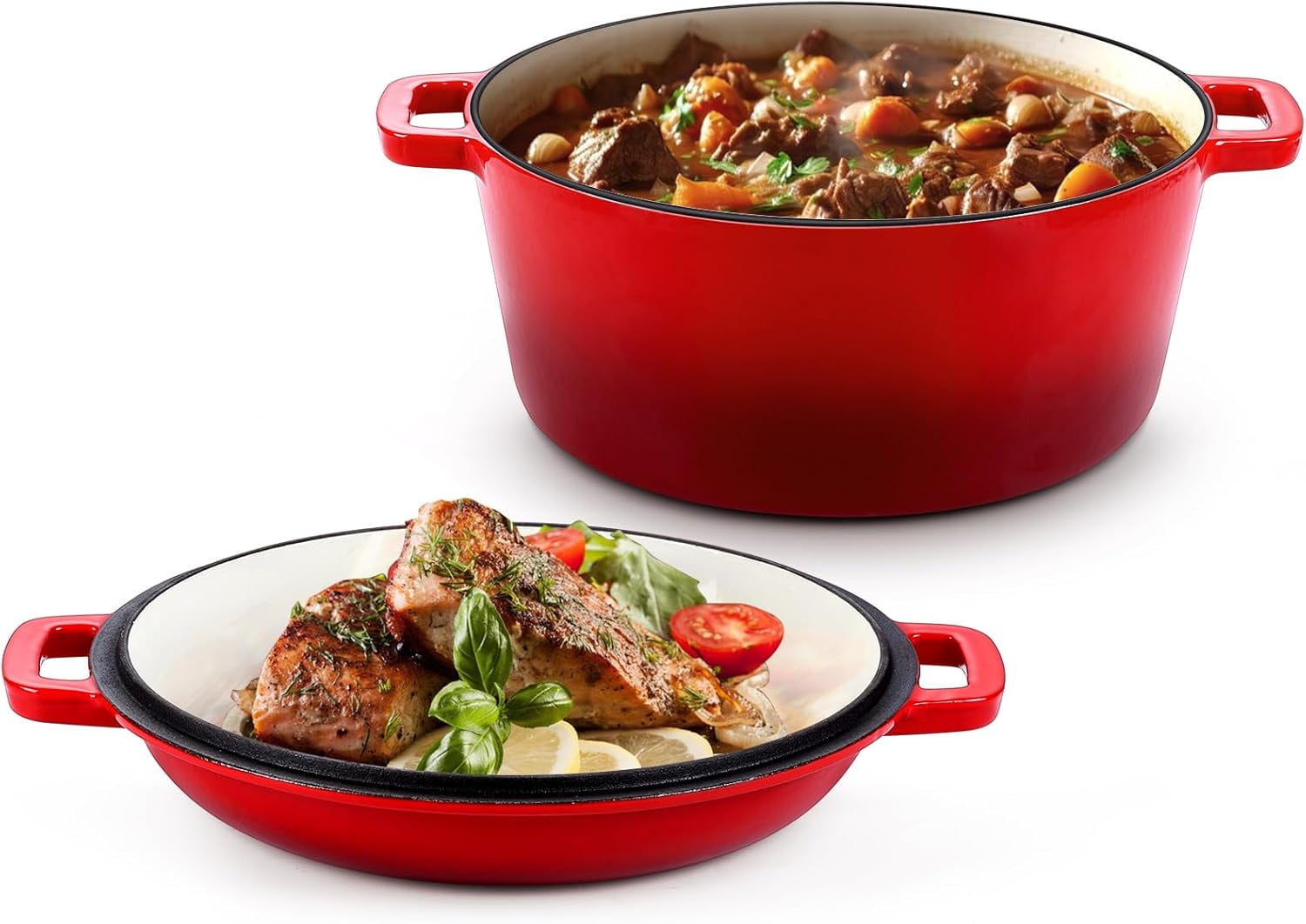 2 in 1 Enameled Cast Iron Dutch Oven, 5 QT Pot & 2 Quart Skillet Lid ...