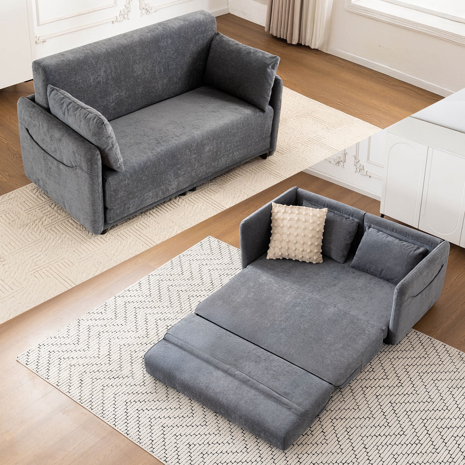 2 in 1 Floor Couch, 55" Full Size Convertible Folding Futon Sofa Bed ...