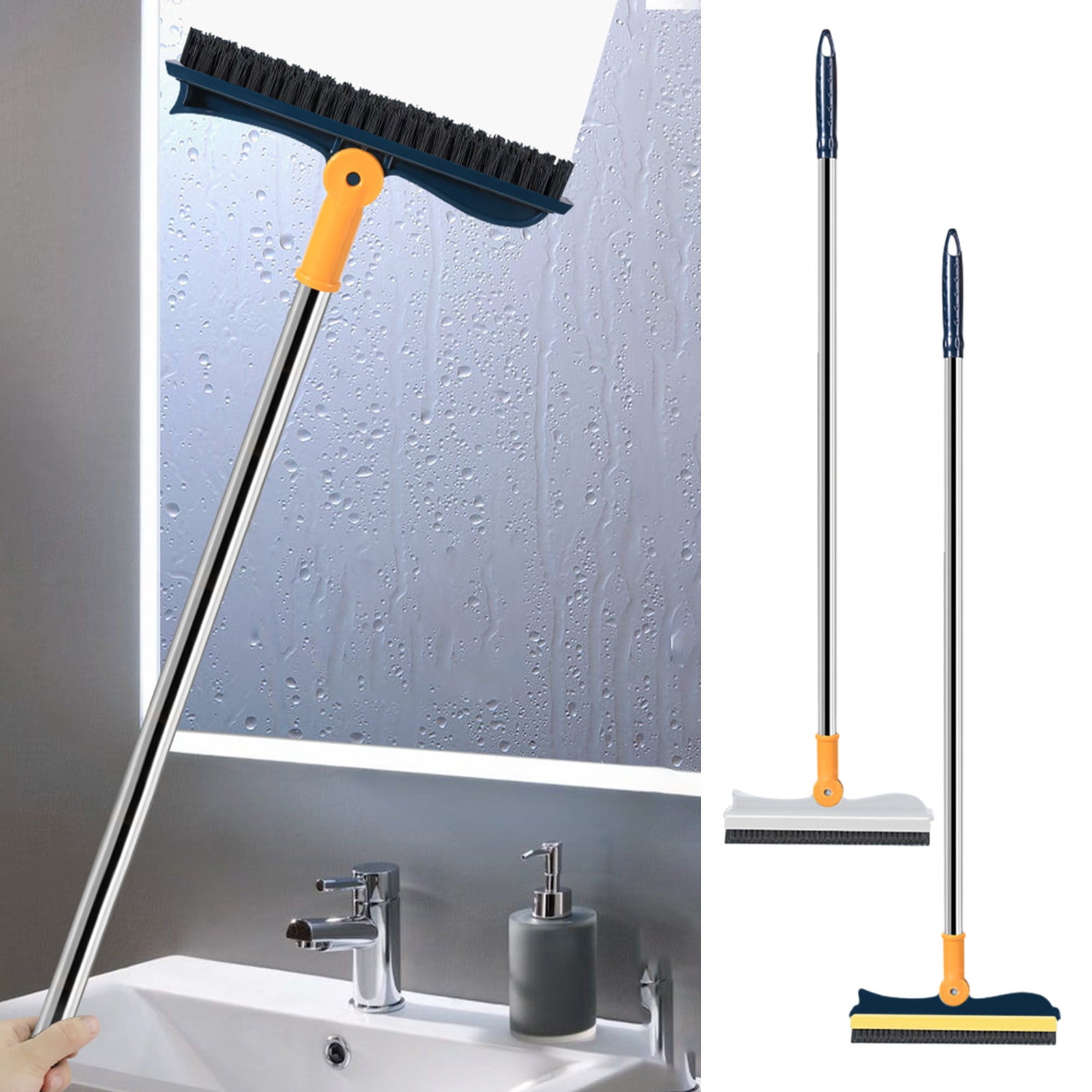 2 in 1 Floor Scrub Brush with Handle, Grout Brush and Squeegee, Stiff ...