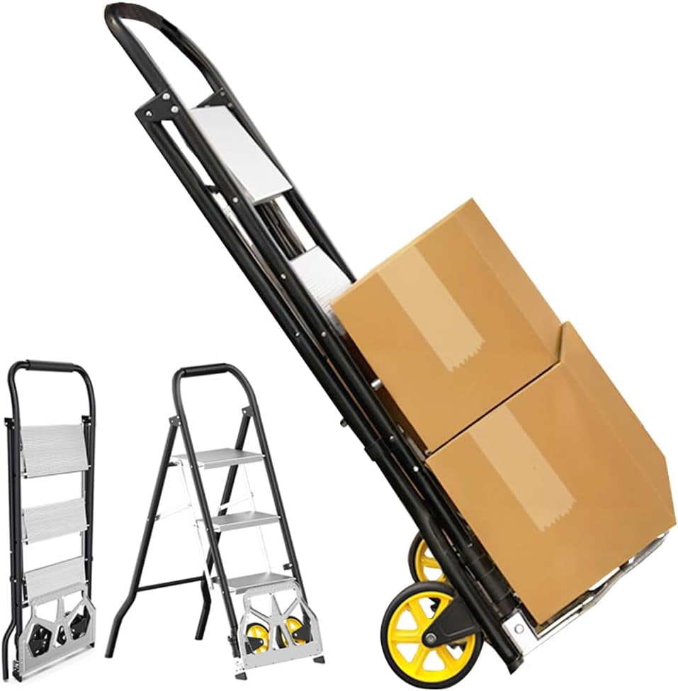 2 in 1 Folding Hand Truck & 3-Step Ladder, Portable Dolly Cart with ...