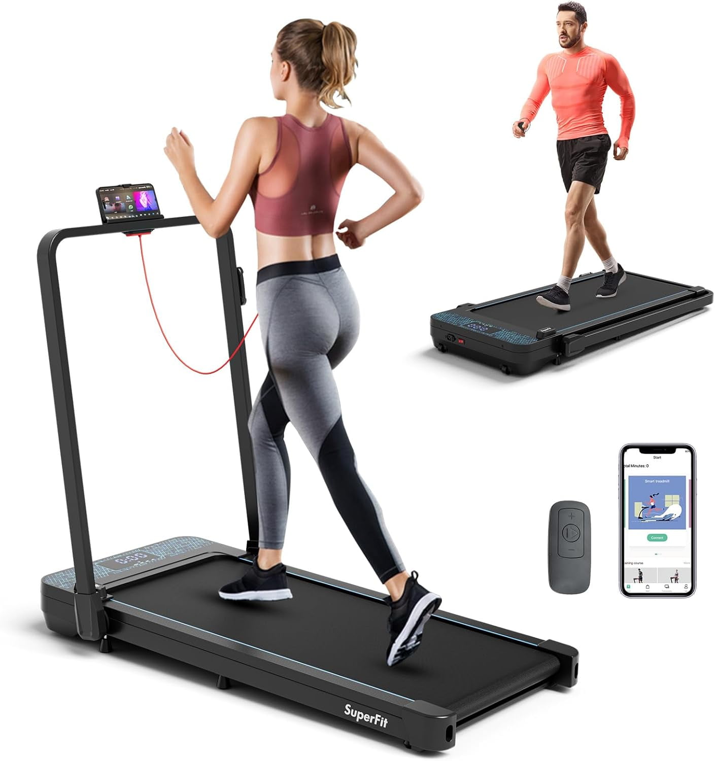2 in 1 Folding Treadmill, 300 LBS Capacity Walking Pad with Handle Bar ...