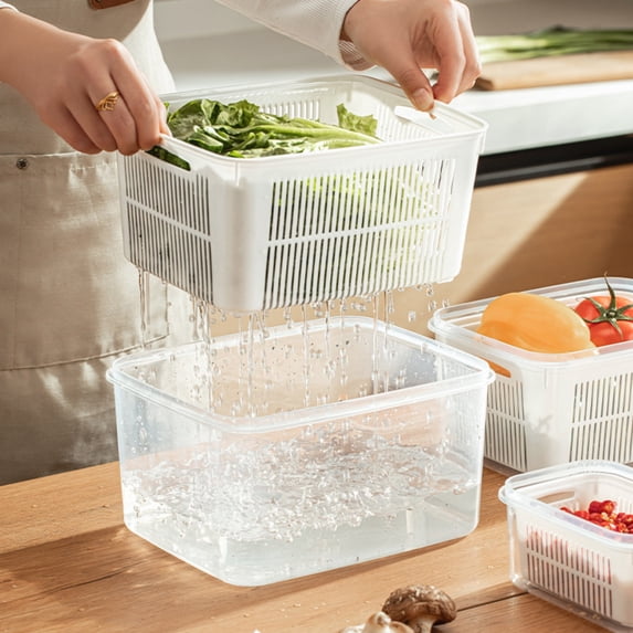 2 in 1 Fridge Produce Storage Container with Colander Strainer Basket ...