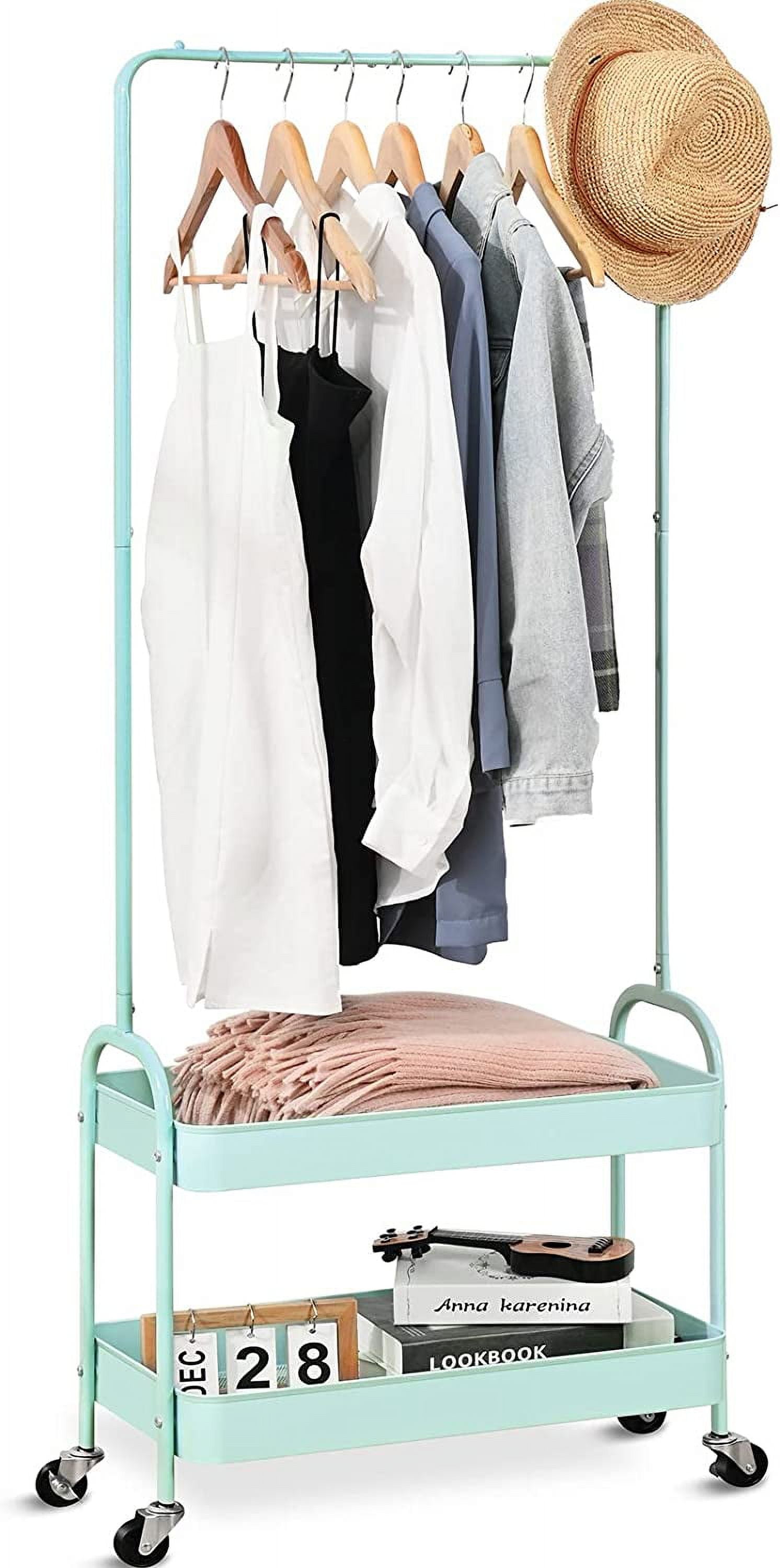 2 in 1 Garment Rack, Clothing Rack with 2 Tier Metal Basket, Rolling ...