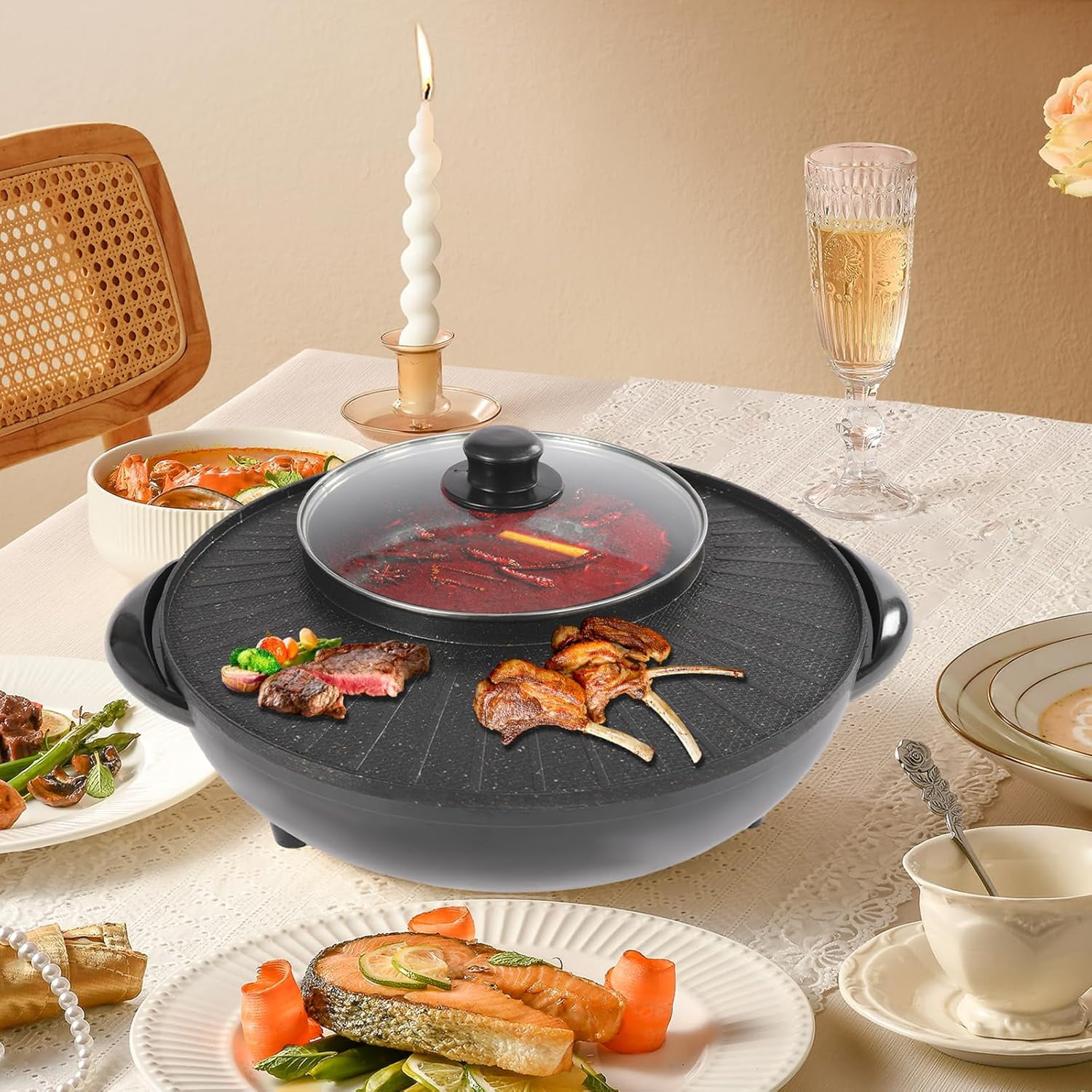 2 in 1 Hot Pot with Grill, Circular Edition Hotpot Grill Combo Indoor ...