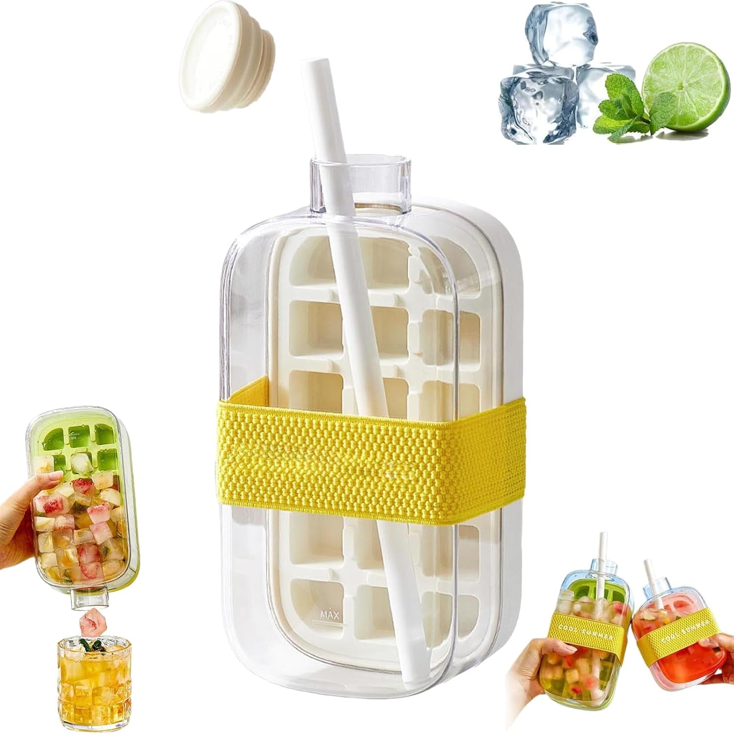 2 in 1 Ice Cube Bottle, 800ml Touch-Free Ice Cube Tray Water Bottle ...