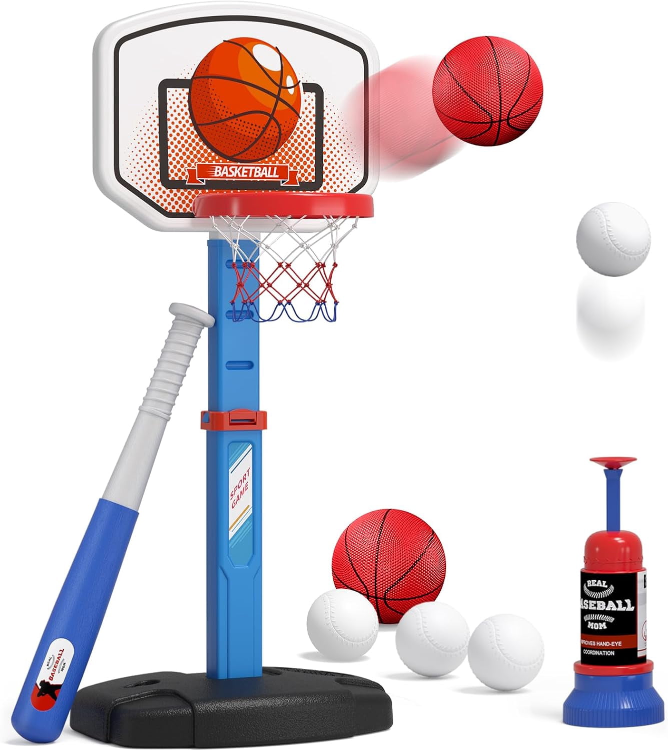 2 in 1 Kids Basketball Hoop and T Ball Set - Adjustable Height, Kids ...