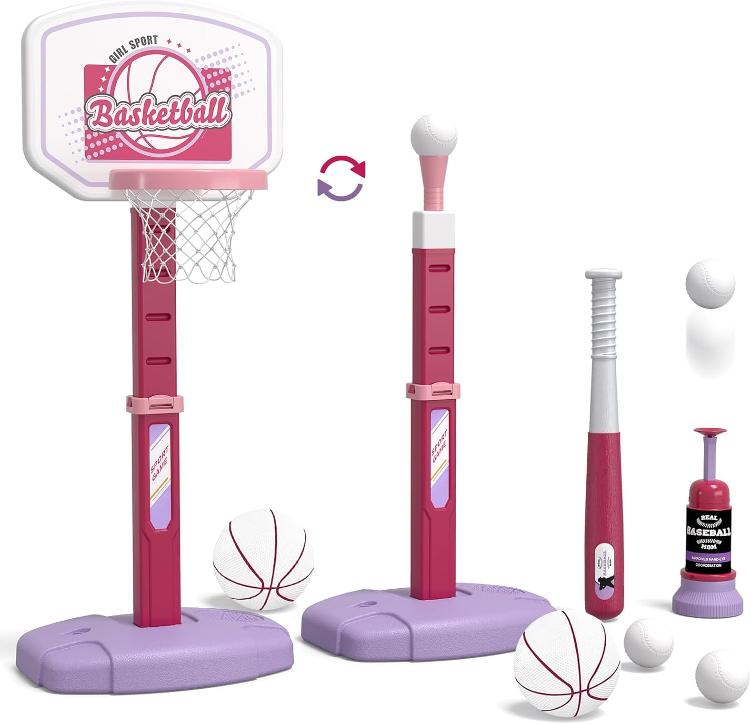 2 in 1 Kids Basketball Hoop and T Ball Set, Portable Basketball Goal ...