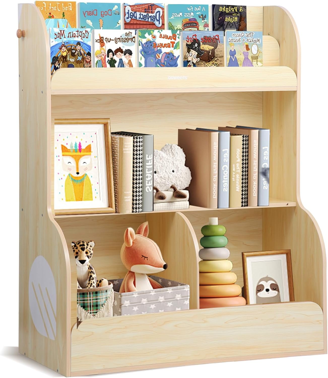 2 in 1 Kids Bookshelf & Montessori Toy Storage Cubby, 3 Tiers Children ...