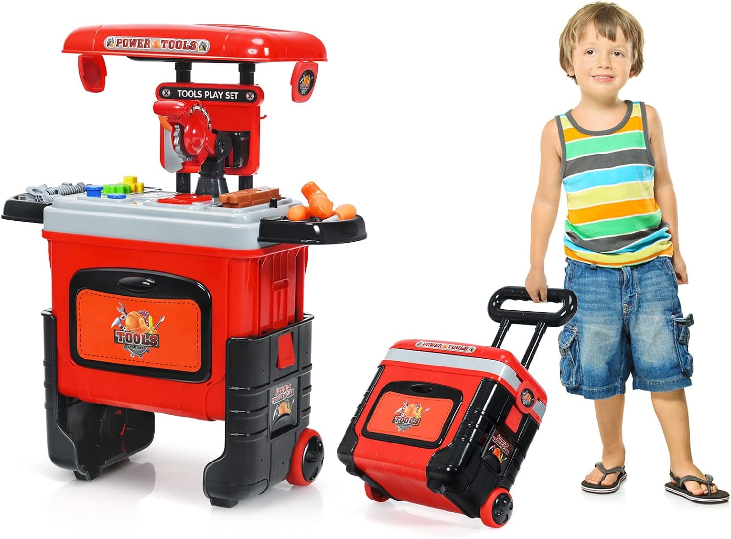 2 in 1 Kids Tool Workbench Toy Set, Portable Construction Toy w/Trolley ...