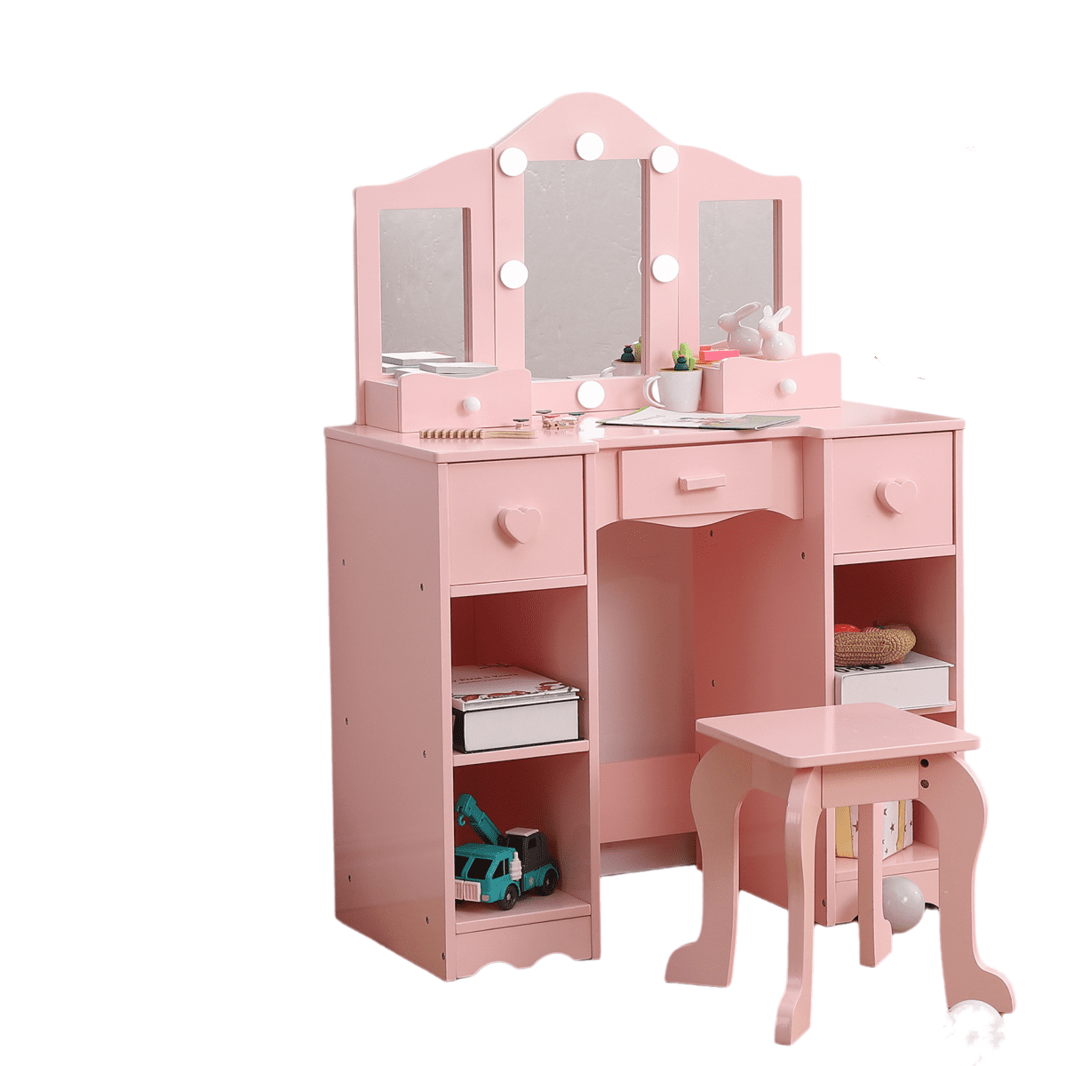 2 in 1 Kids Vanity, Girls Vanity Table with 3-Folding Mirror, Light ...