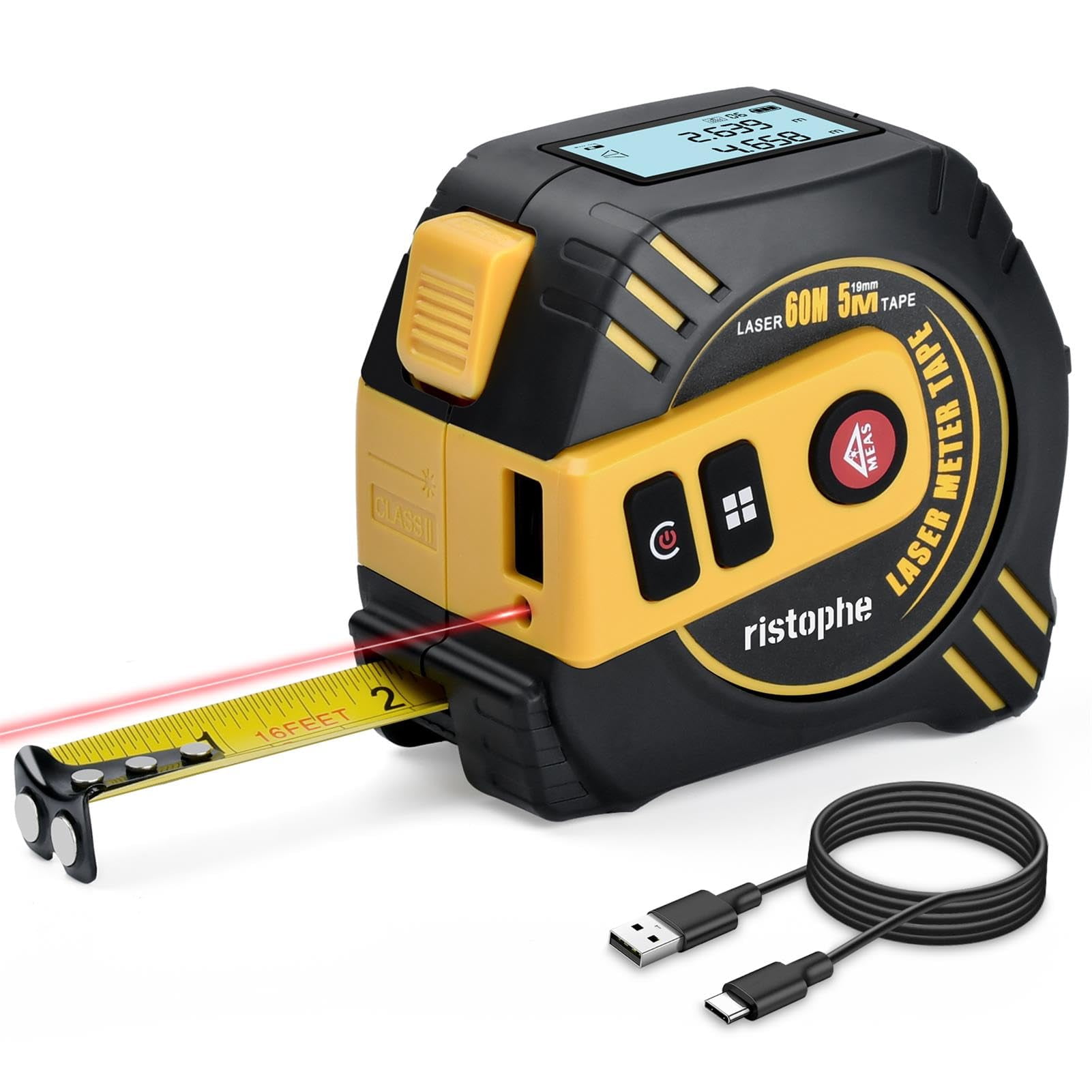 2 in 1 Laser Tape Measure - ristophe 197Ft Digital Tape Measure & 16Ft Measuring Tape with ...