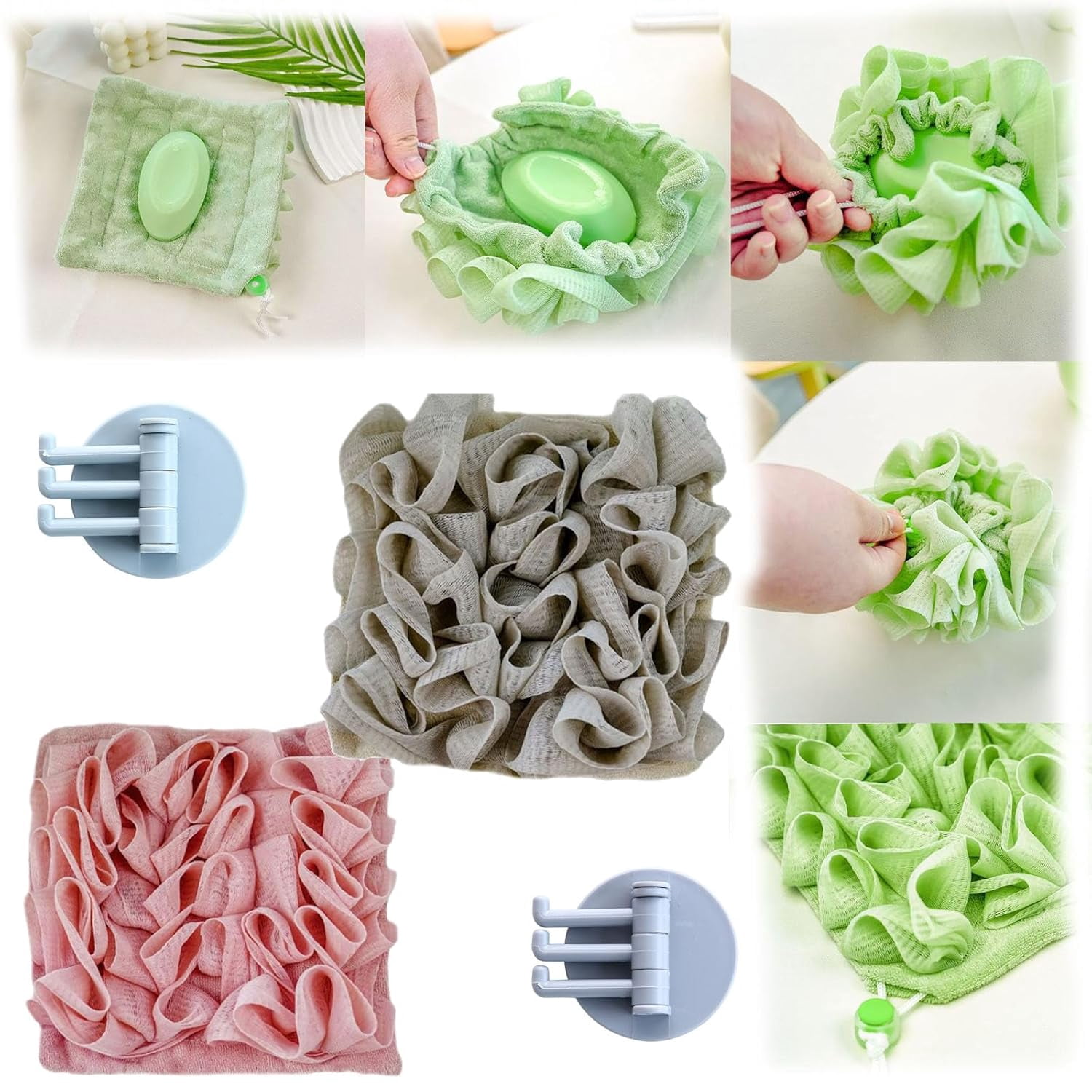 2 in 1 Loofah Washcloth with Soap Pocket & Drawstring, Exfoliating Mesh ...