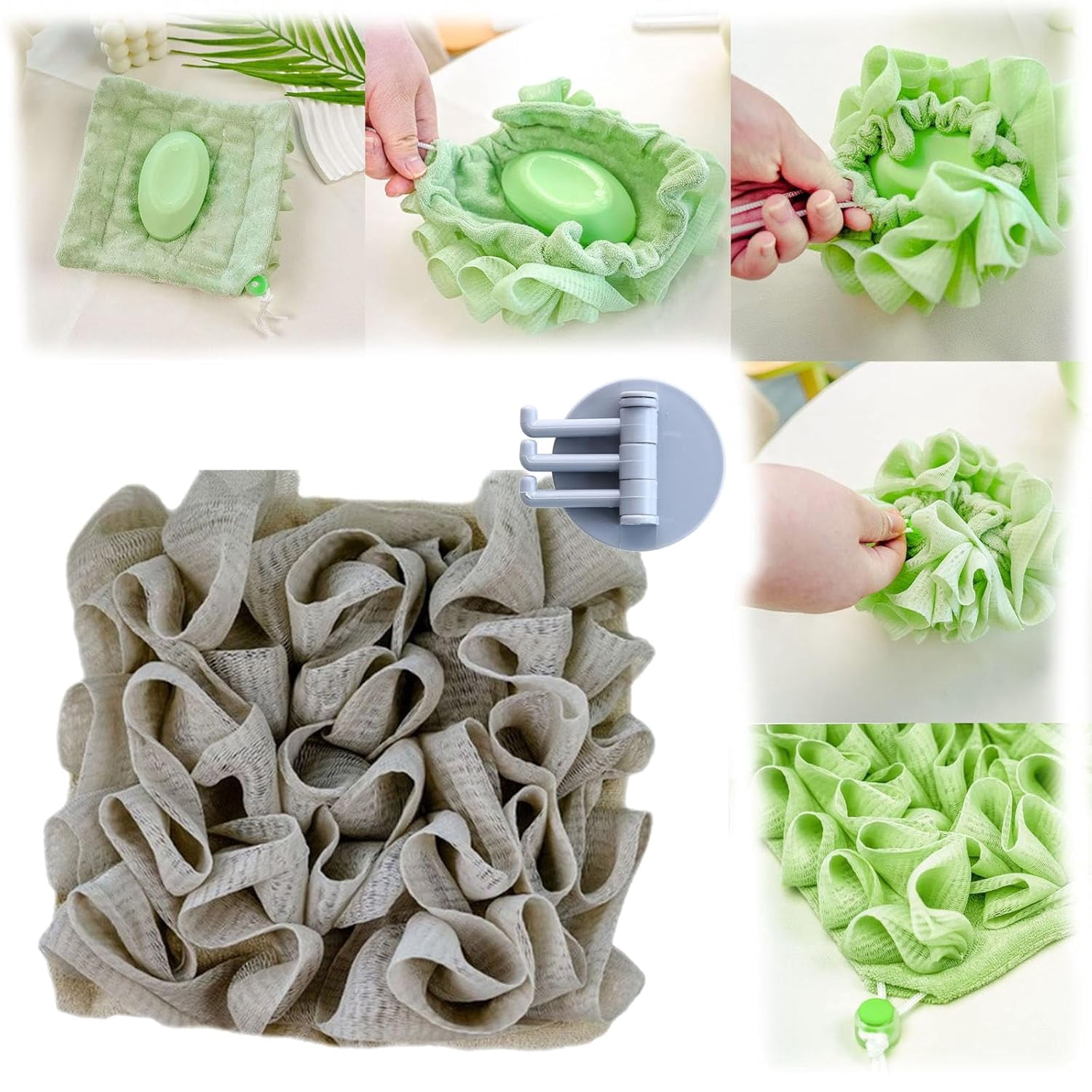 2 in 1 Loofah Washcloth with Soap Pocket & Drawstring, Exfoliating Mesh ...