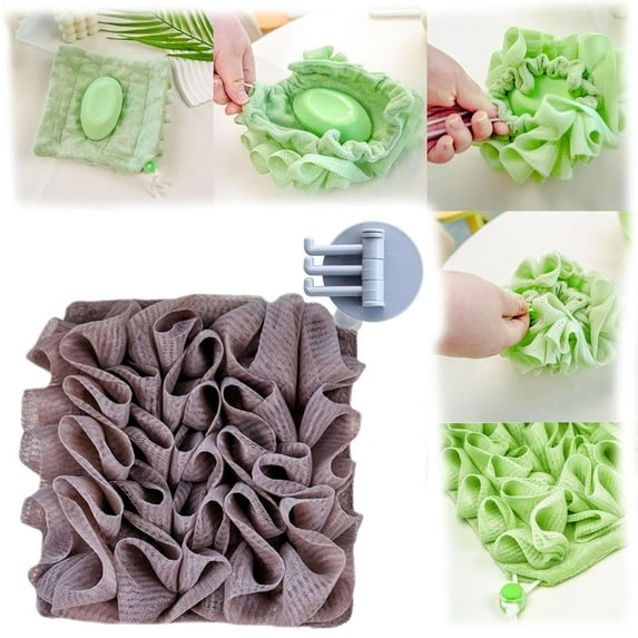 2 in 1 Loofah Washcloth with Soap Pocket & Drawstring, Exfoliating Mesh ...
