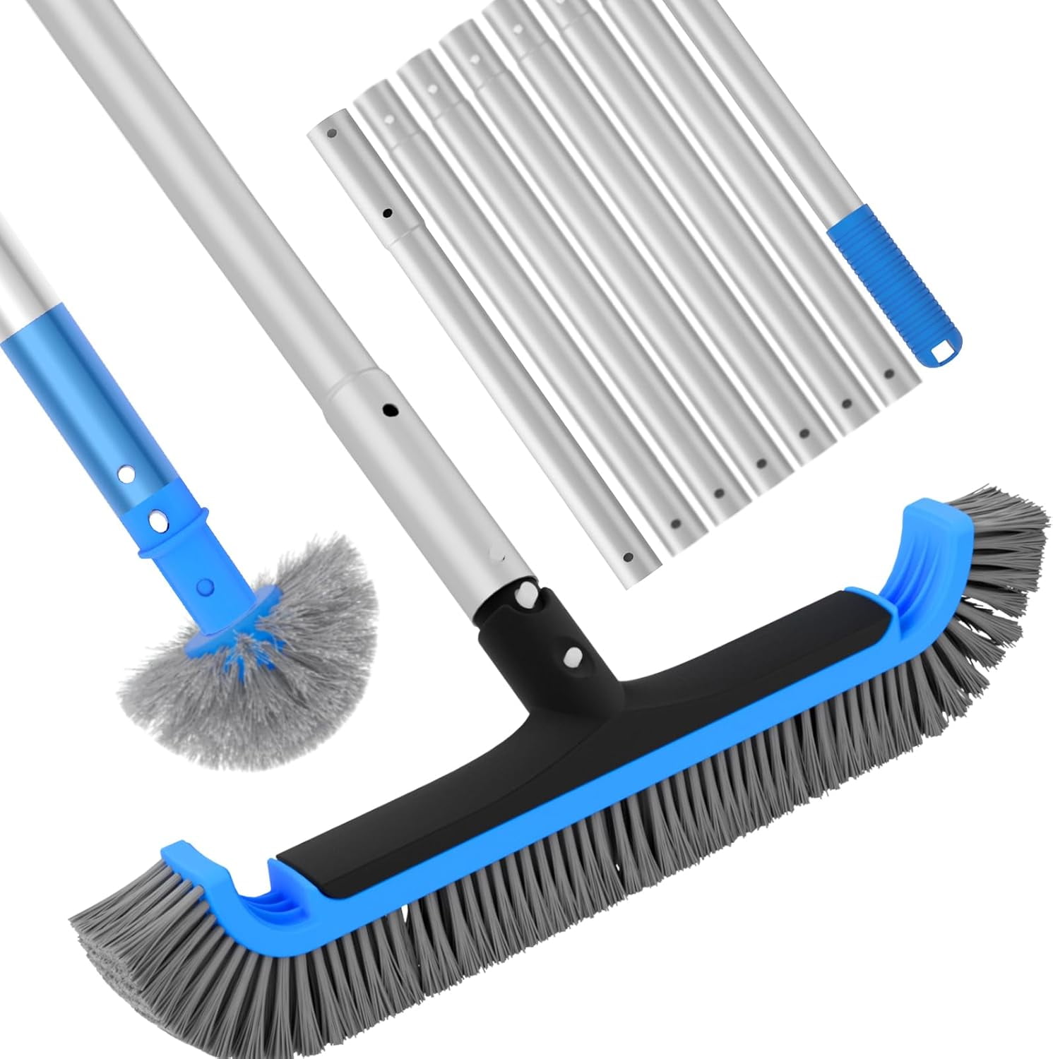 2 in 1 Multifunctional Pool Brush with 10 FT Poles - 17.5'' Heavy Duty ...