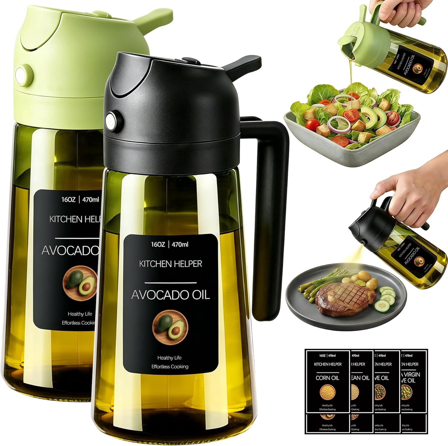 2 in 1 Olive Oil Sprayer and Dispenser, 16oz Light-Proof Glass Oil ...