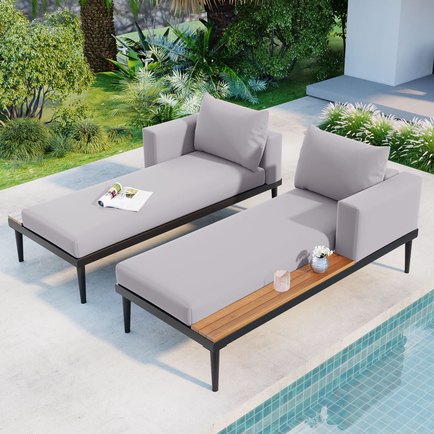 2 in 1 Outdoor Metal Daybed with Wood Topped Side Spaces for Drinks ...