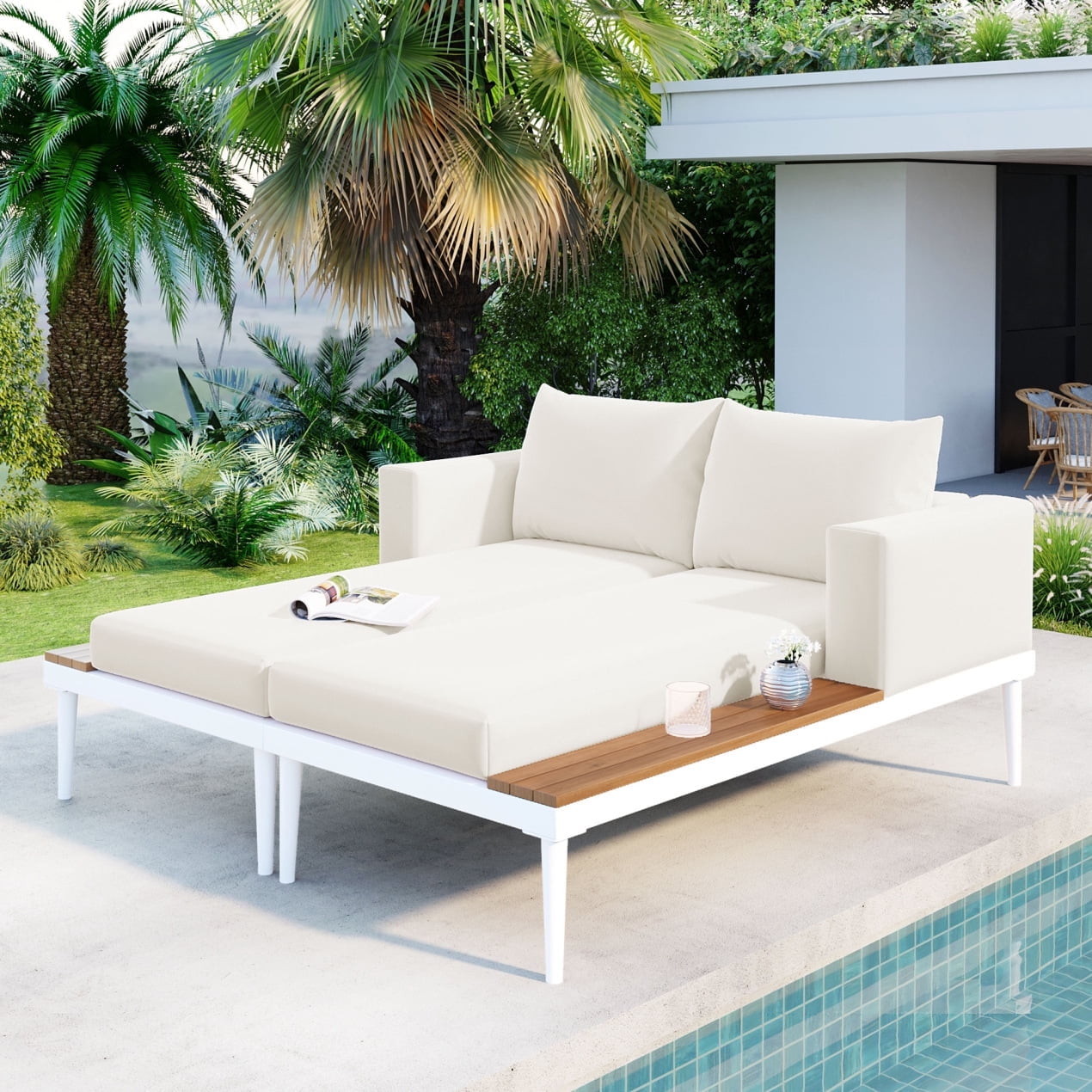 2 in 1 Padded Modern Chaise Lounges, Outdoor Indoor Daybed Patio Metal ...
