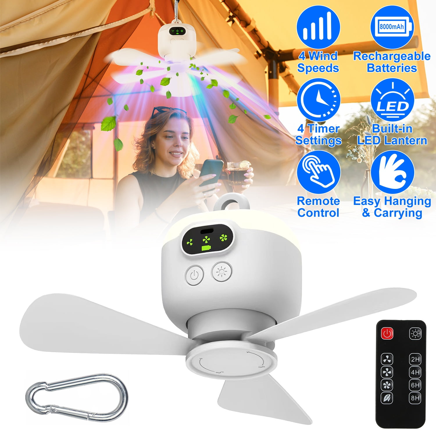 2 In 1 Portable Camping Fan with LED Lantern - 8000mAh Battery ...