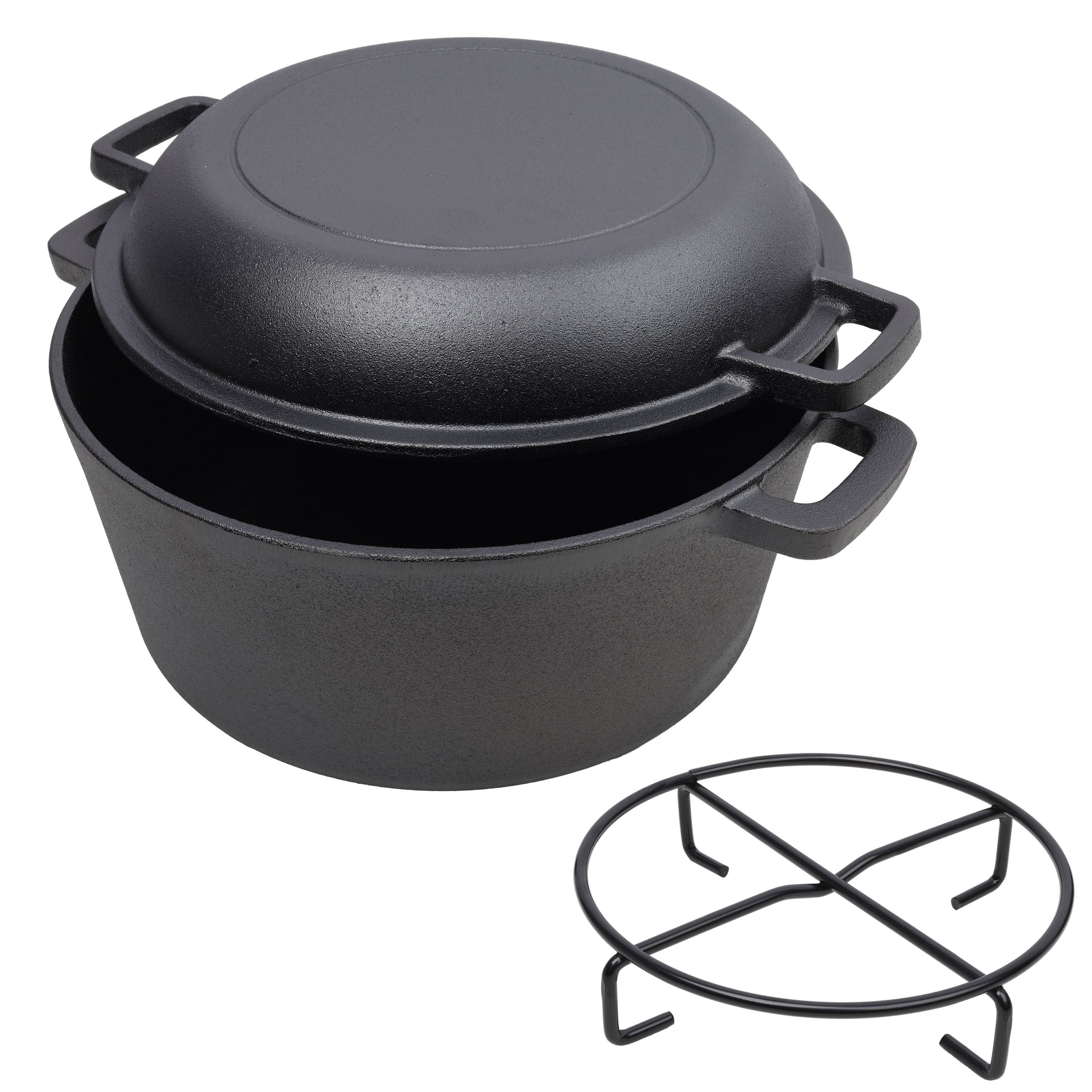 2 in 1 Pre-Seasoned Cast Iron Dutch Oven With Dual Handles, Outdoor ...