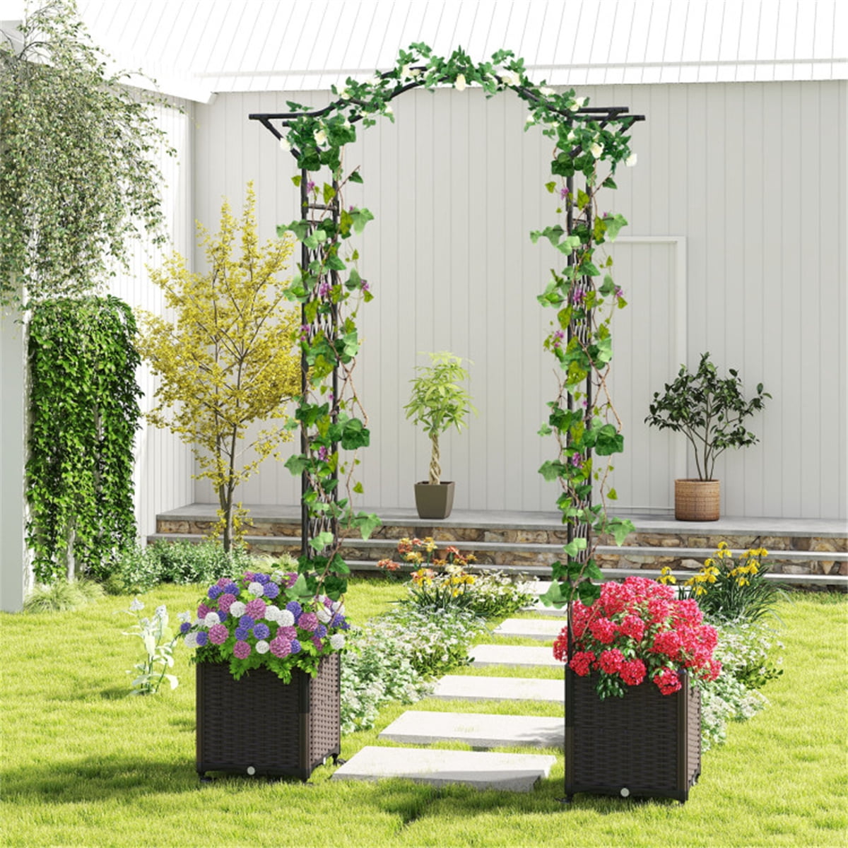 2 in 1 Rolling Garden Arch with Self Watering Planter Boxes on Wheels ...