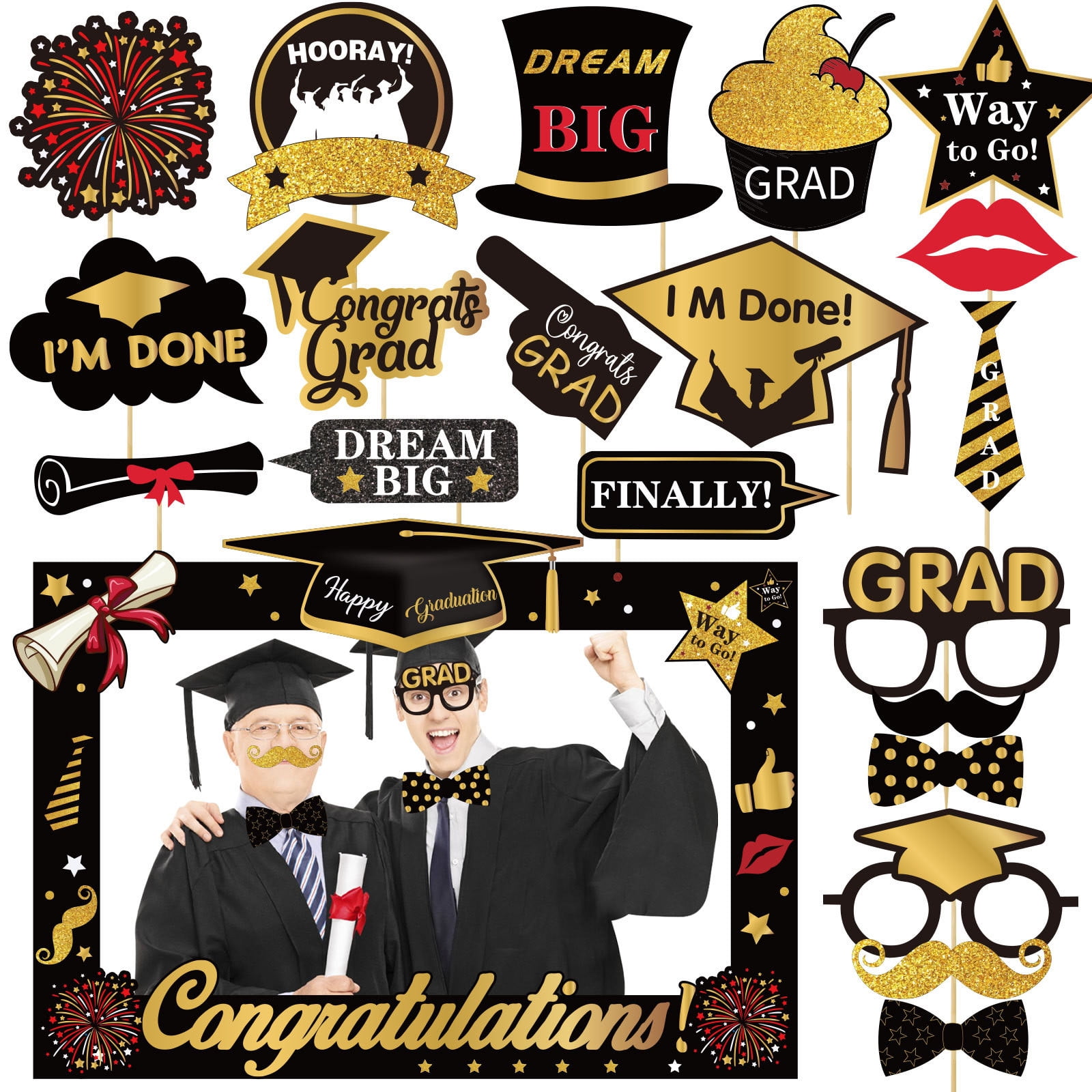 2/1 Sets Graduation Photo Booth Props Photobooth Kit Black & Gold ...