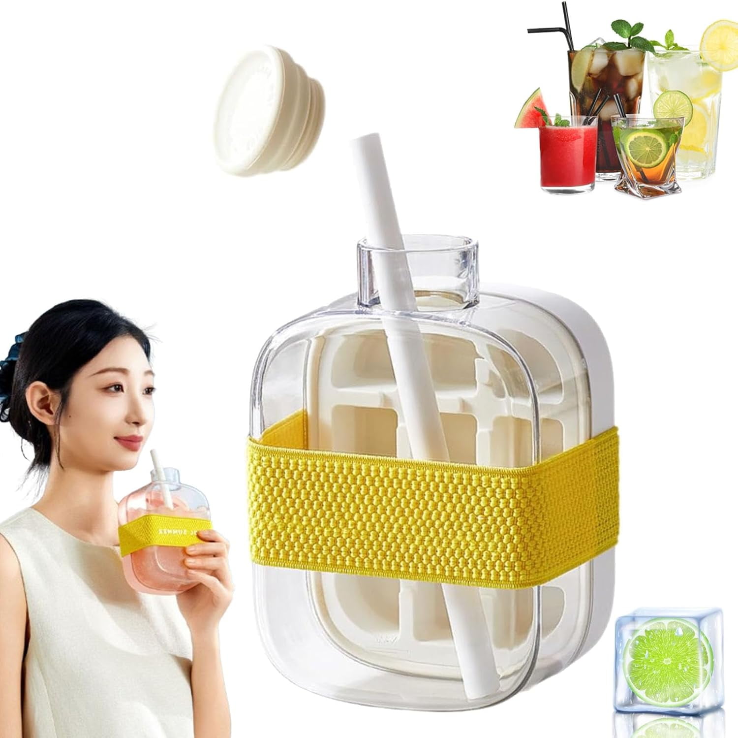 2 in 1 Touch-Free Ice Cube Tray Water Bottle with Lid and Bin, Portable Ice Cube Making Bottle ...