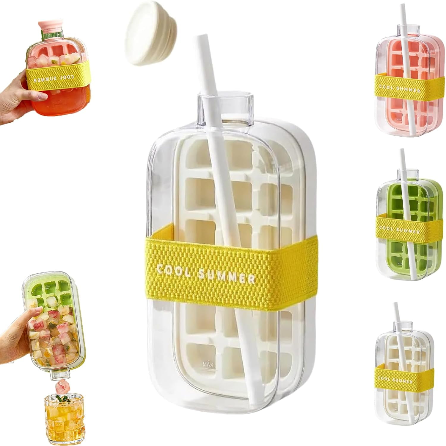 2 in 1 Touch-Free Ice Cube Tray Water Bottle With Straw, Ice Cube Bottle, Easy Ice Release for ...