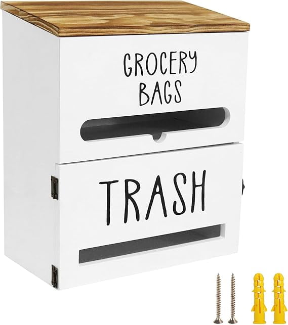 2 in 1 Trash Bag Dispenser, Double Wall Mounted,Wood Trash Bag Holder ...