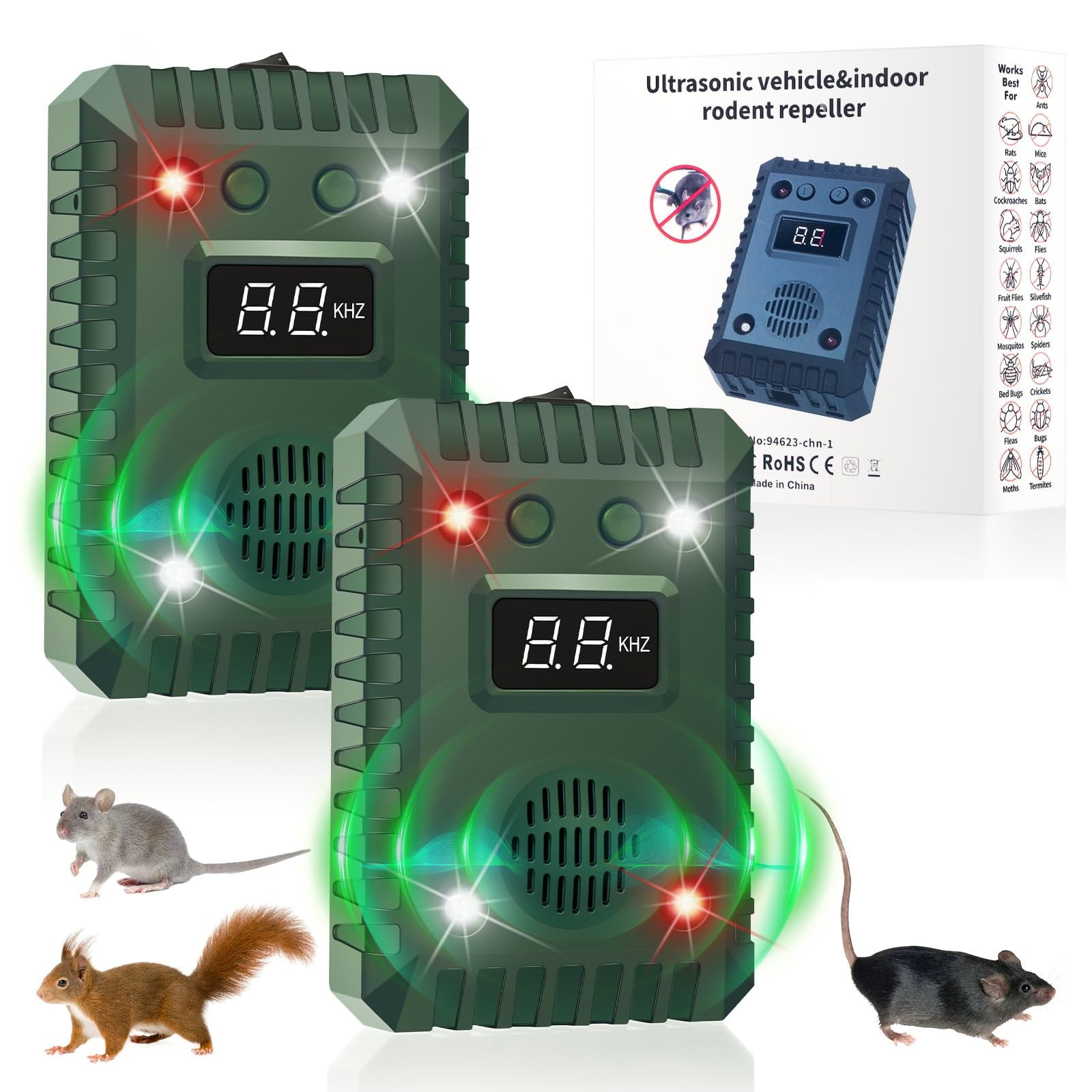 2 in 1 Ultrasonic Rodent Repellent Under Hood Mouse Repeller with ...