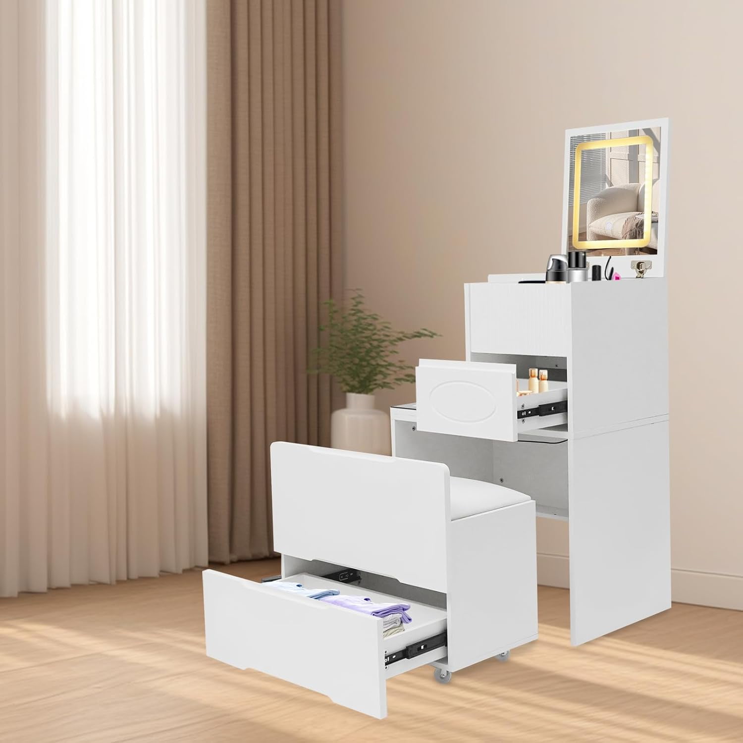 2 in 1 Vanity Desk, Integrated Compact Vanity with Flip Top Mirror LED ...