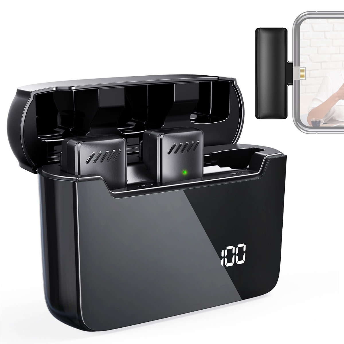 2-in-1 Wireless Lavalier Microphone with Charging Case, for iPhone ...