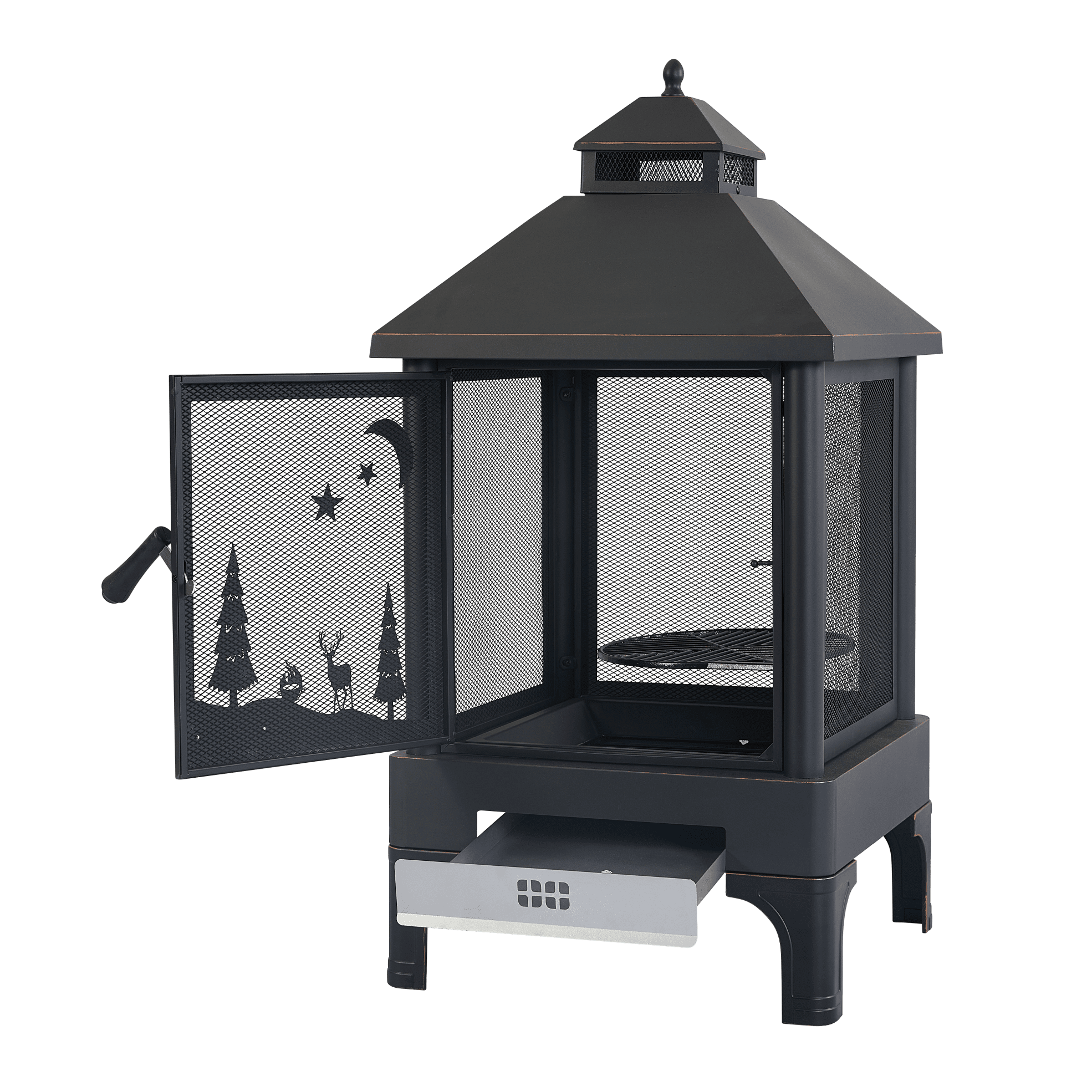 2 in 1 Wood Burning Fire Pit with Mesh Spark Screen Doors, BBQ Grill ...