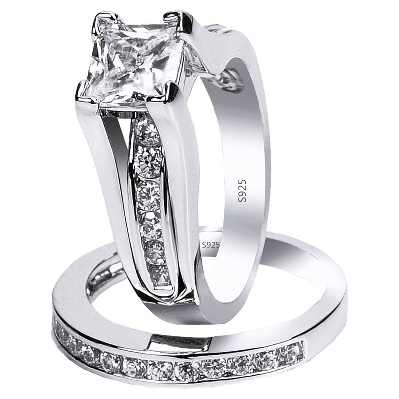 2.10 Carat TCW Princess Cut CZ Sterling Silver Engagement Wedding Rings ...