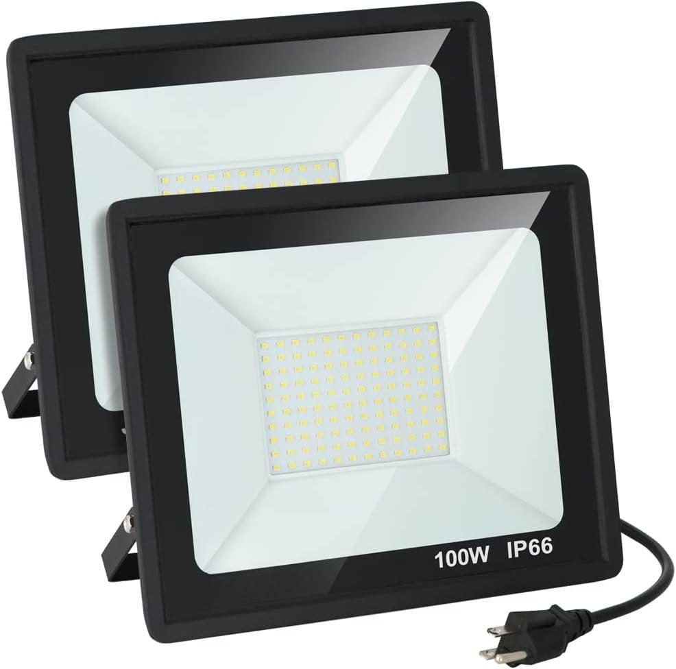 2 100W Flood Lights Outdoor, 10000lm Work Light with Plug, 6500K ...