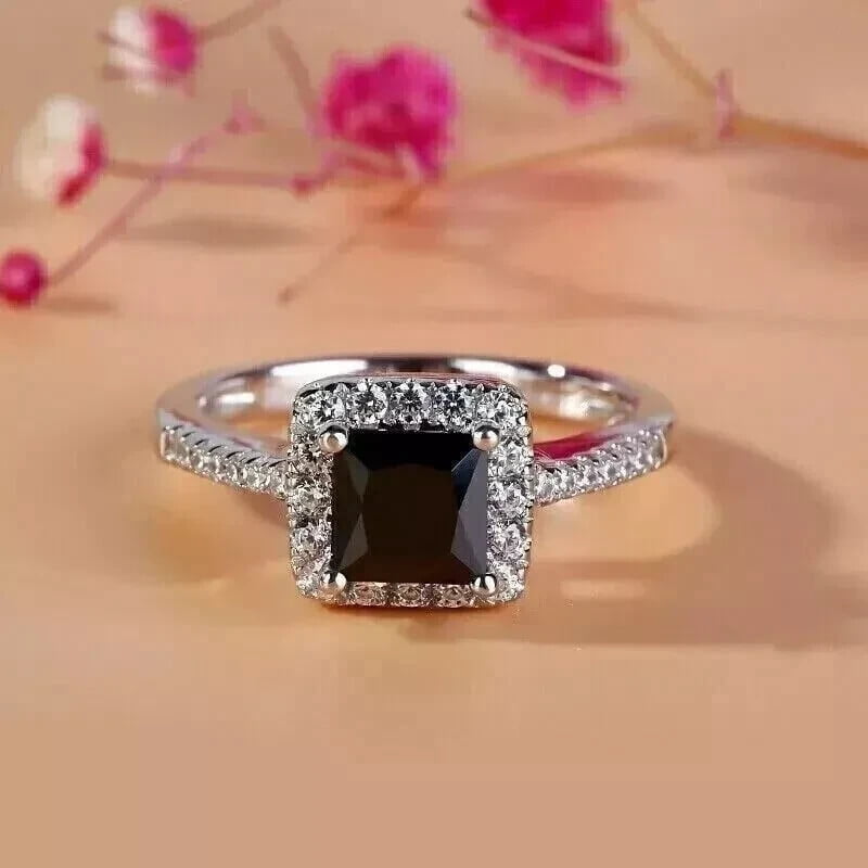 2.10CT Princess Simulated Black Diamond Halo Women's Ring 14K White ...