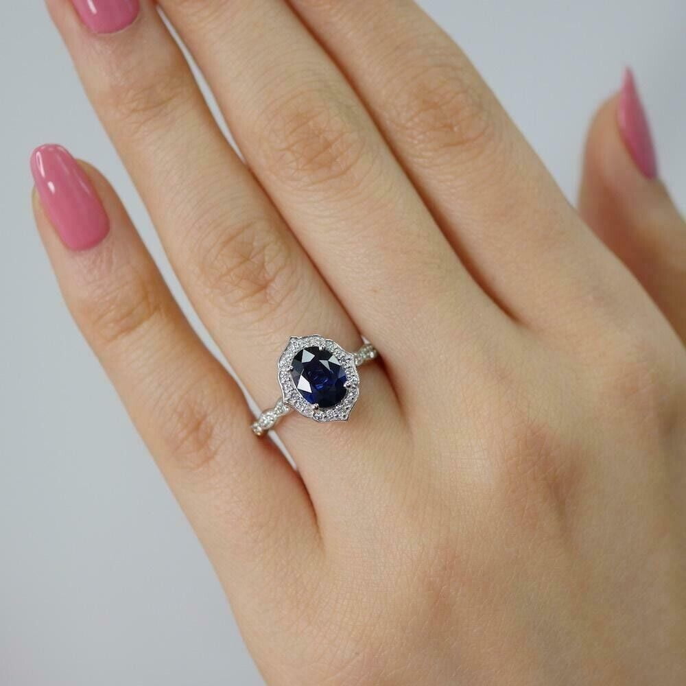 2.10Ct Oval Cut Simulated Blue Sapphire Halo Women's Wedding Ring 14K White Gold Plated ...