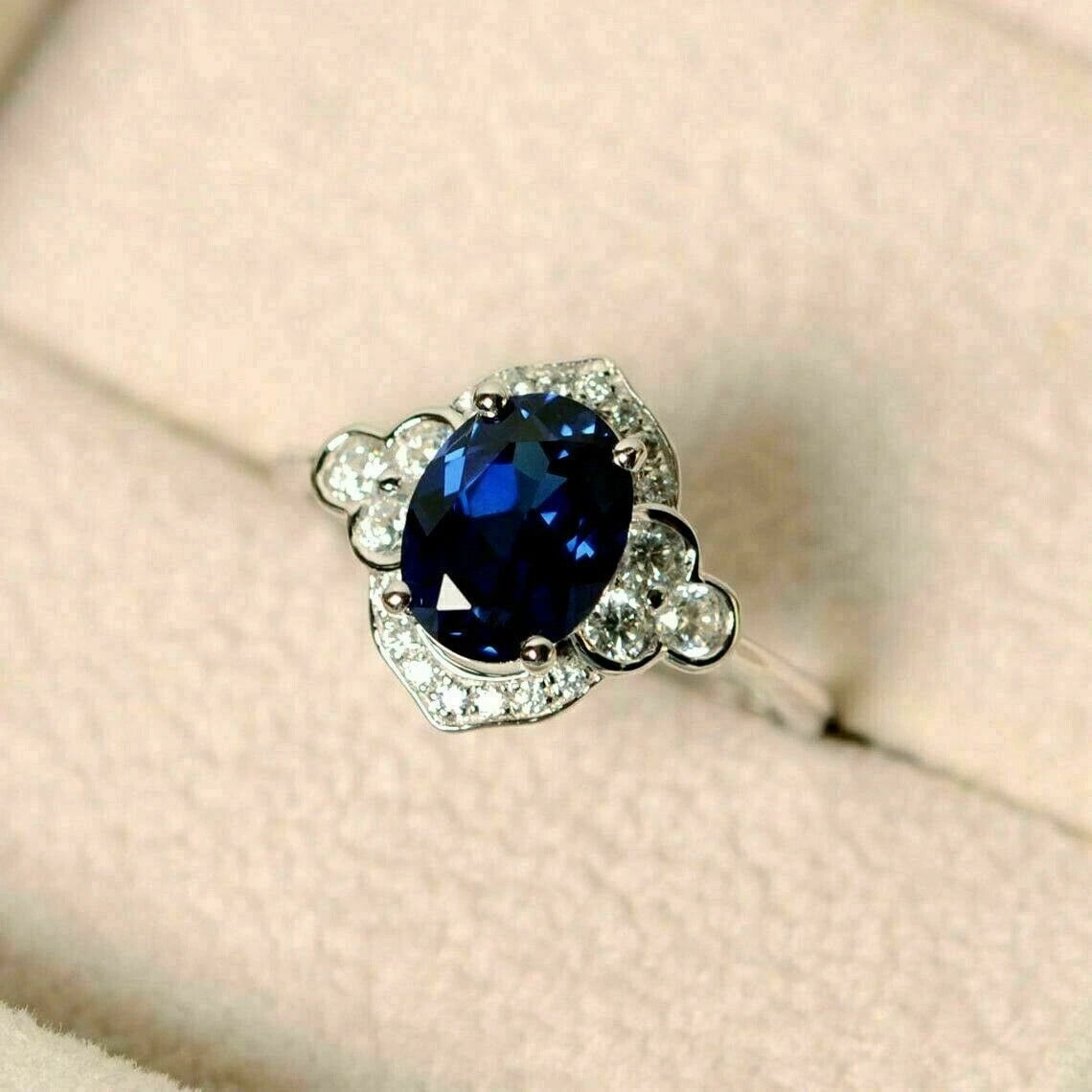 2.10Ct Oval Round Cut Lab Created Sapphire Women's Ring 14K White Gold ...